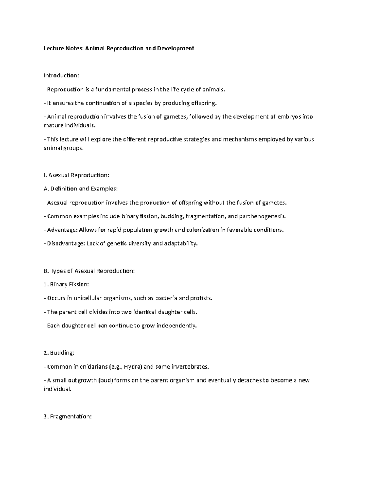 Lecture Notes: Animal Reproduction and Development - Lecture Notes ...