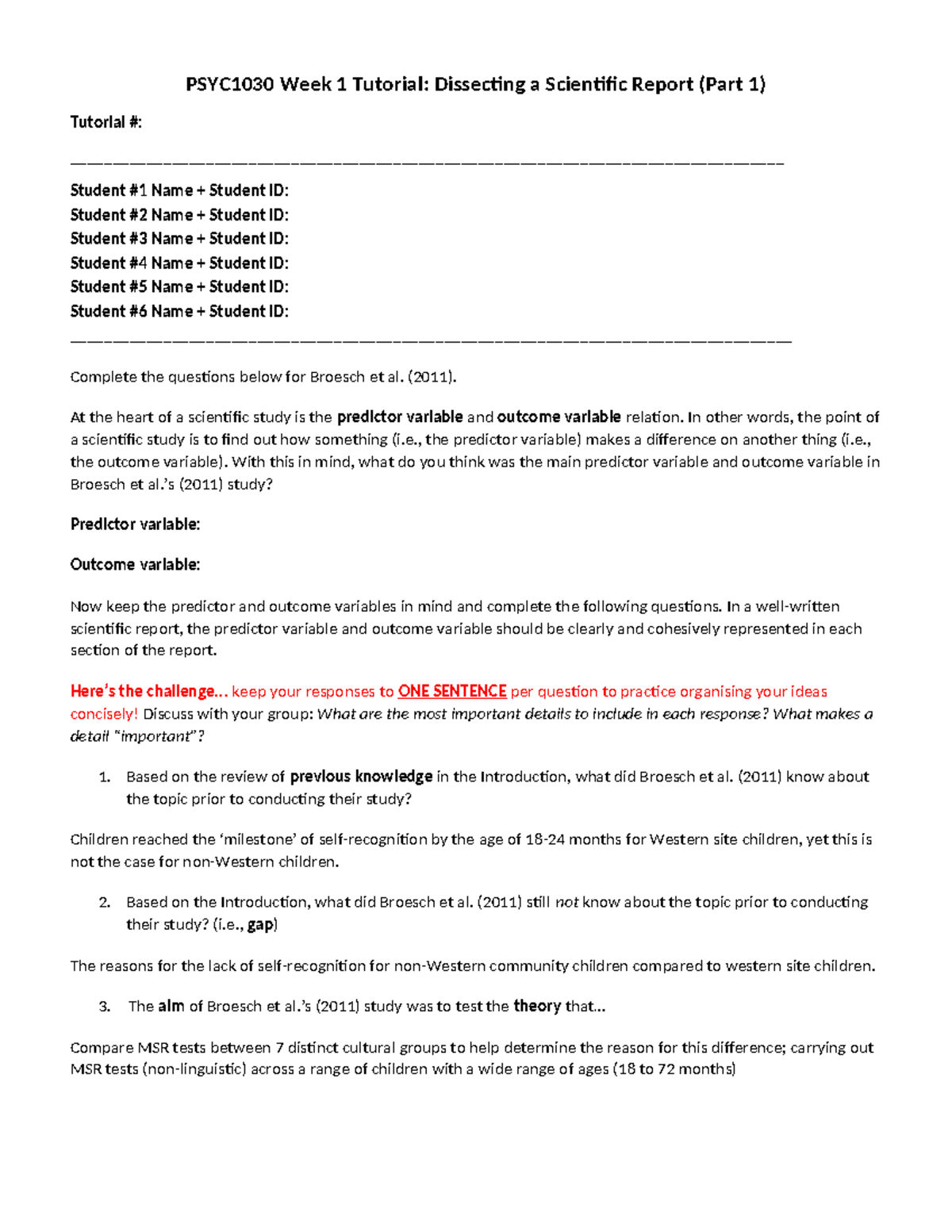 Tutorial 1 worksheet - PSYC1030 Week 1 Tutorial: Dissecting a ...
