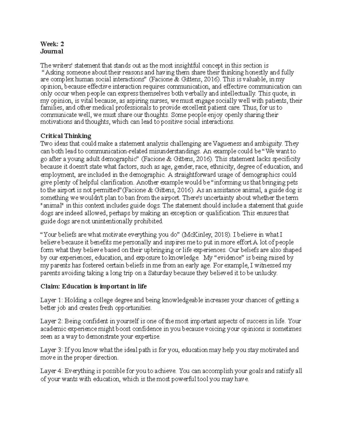 Week 2 journall - ASSIGNMENT - Week: 2 Journal The writers' statement ...