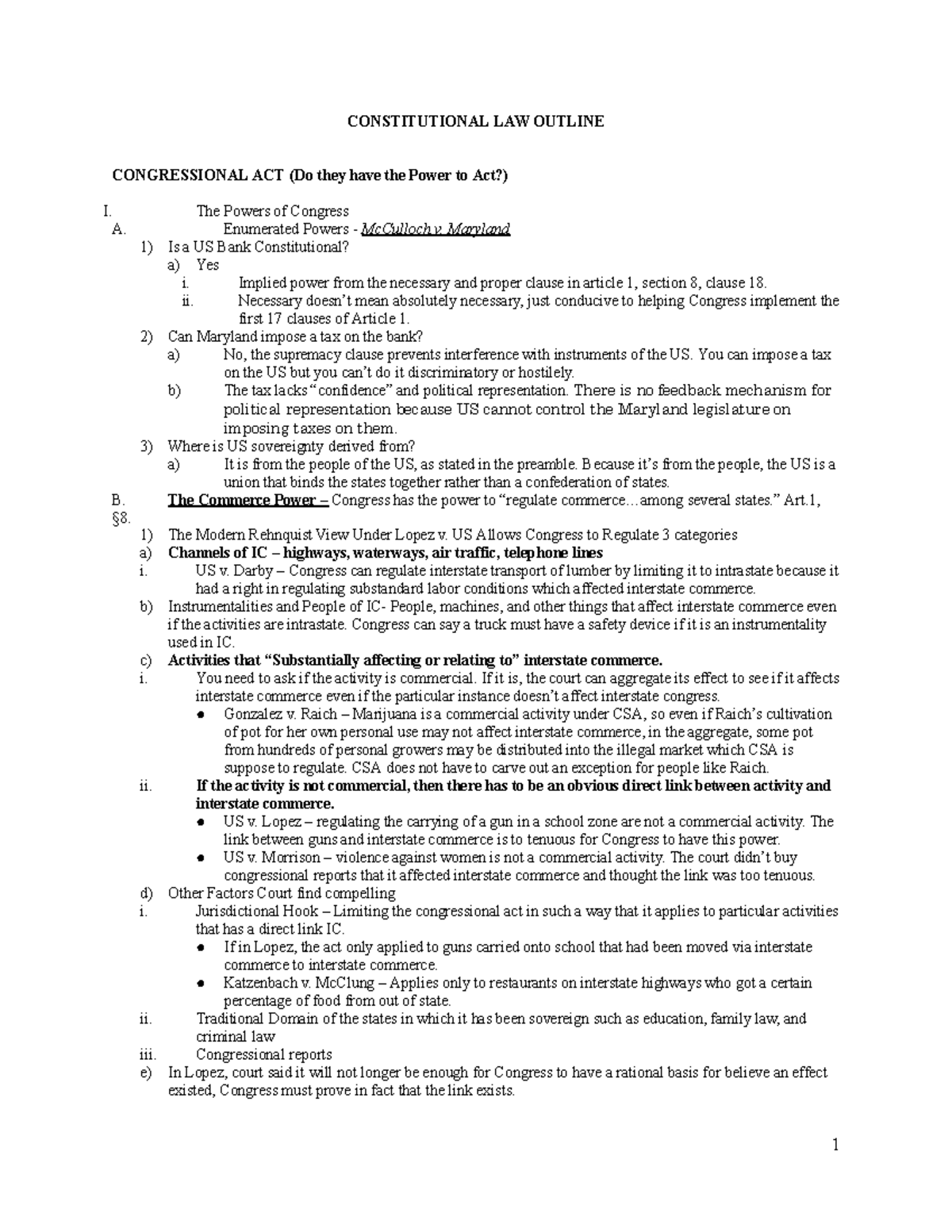 Constitutional LAW Outline - CONSTITUTIONAL LAW OUTLINE CONGRESSIONAL ...