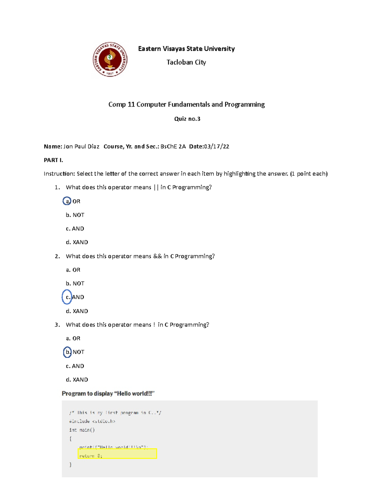 LONG QUIZ IN C Programming - Eastern Visayas State University Tacloban City Comp 11 Computer ...