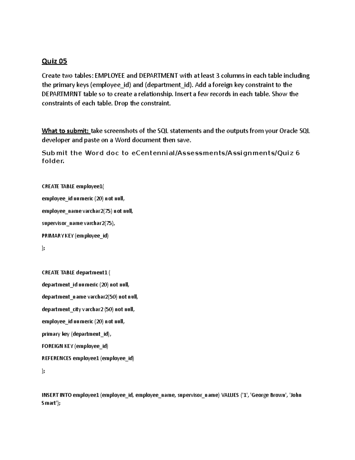 Introduction to Databases COMP122 Quiz 05-5 questions - Quiz 05 Create ...