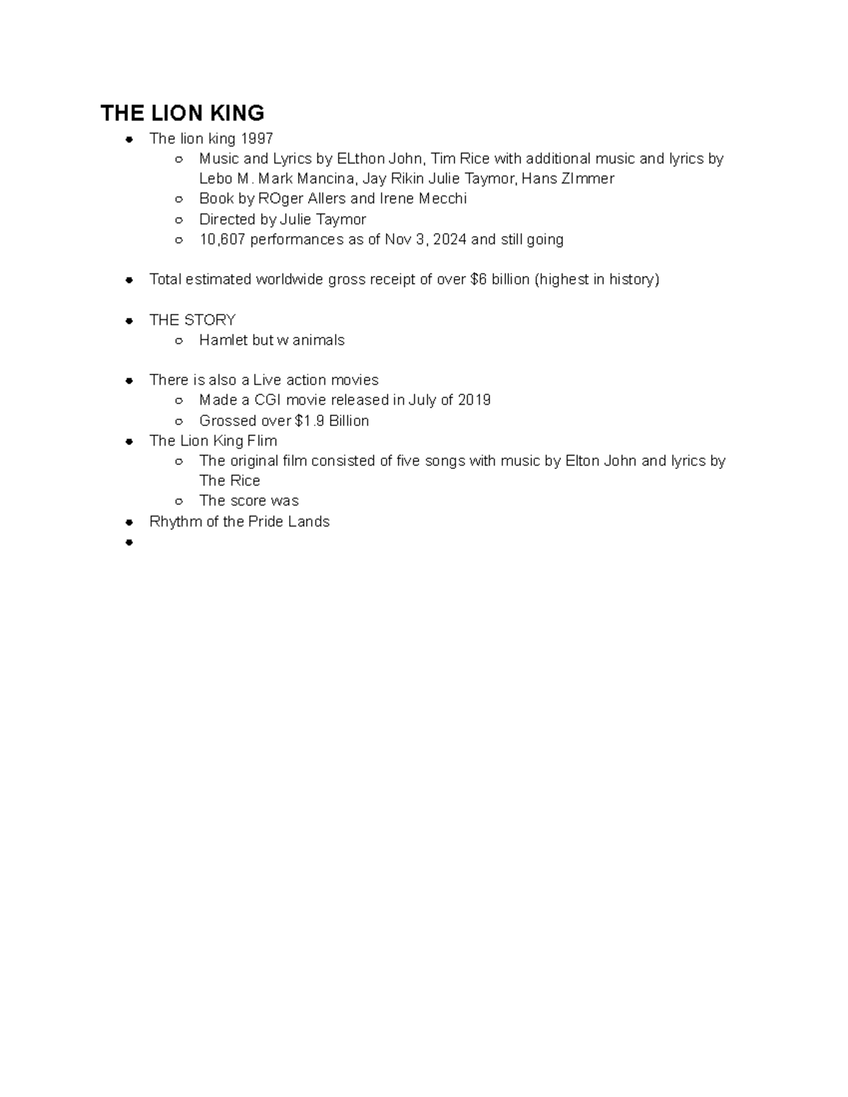 THEA 110 Lion King - THE LION KING The lion king 1997 Music and Lyrics ...