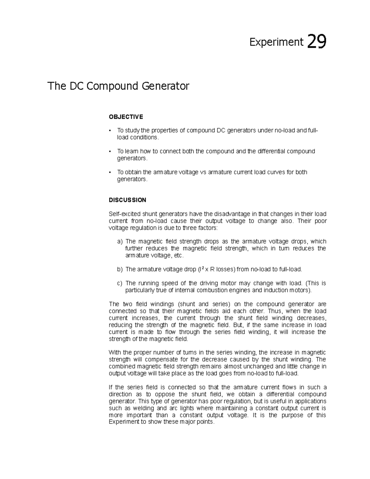 Experiment 29 - Experiment 29 The DC Compound Generator OBJECTIVE To ...