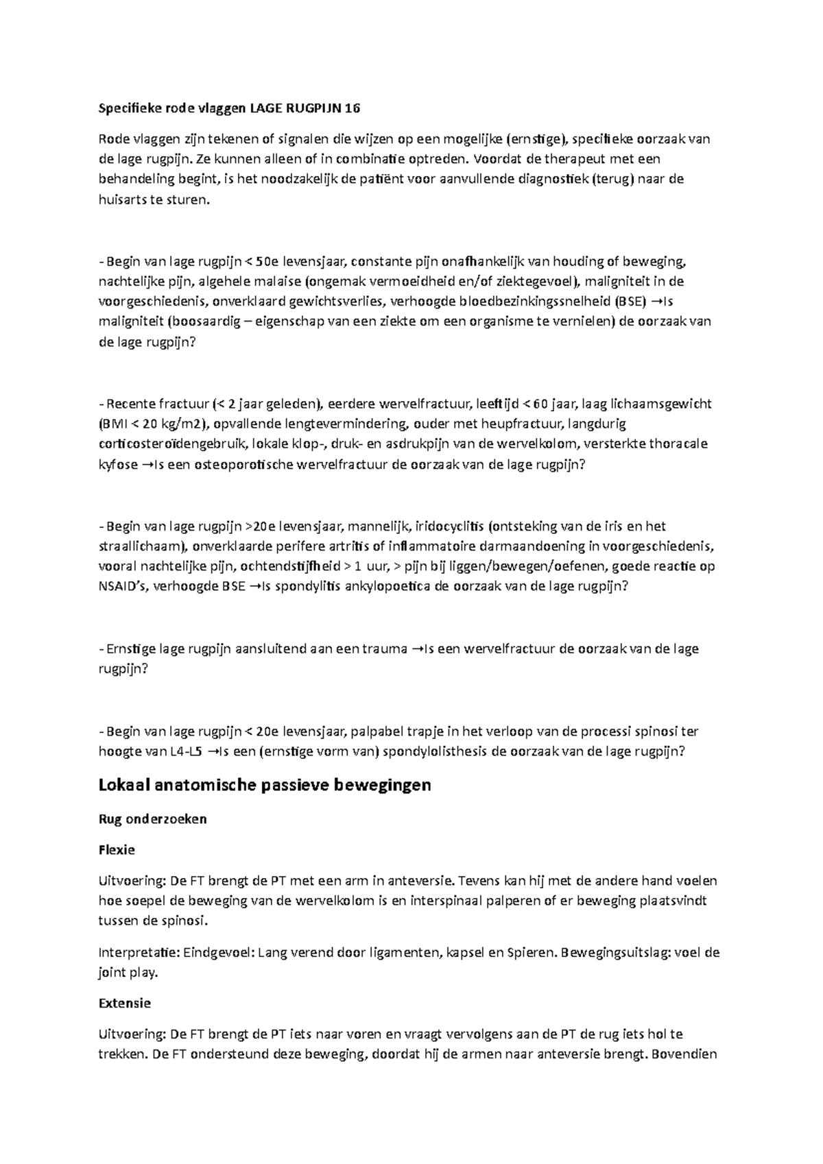 Onderzoeken rug en schouder - Specifieke rode vlaggen LAGE RUGPIJN 16 ...