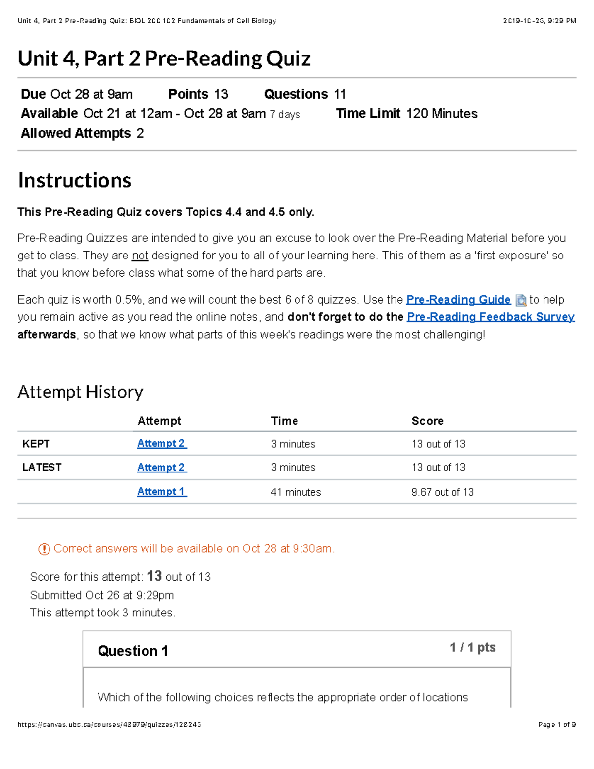 Unit 4, Part 2 Pre-Reading Quiz: BIOL 200 102 Fundamentals of Cell ...