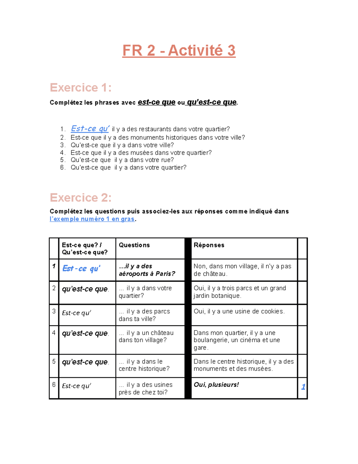 FR 2 - Activité 3 french notes - FR 2 - Activité 3 Exercice 1 ...