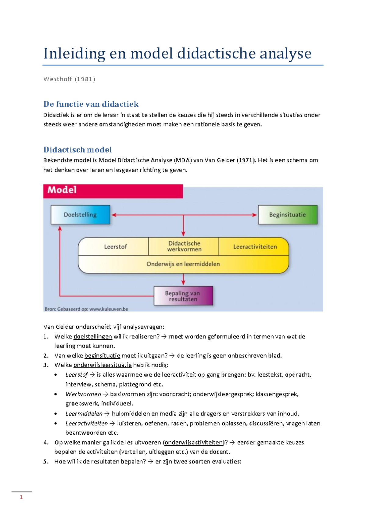 Samenvatting artikel - Inleiding en model didactische analyse - 1 ...