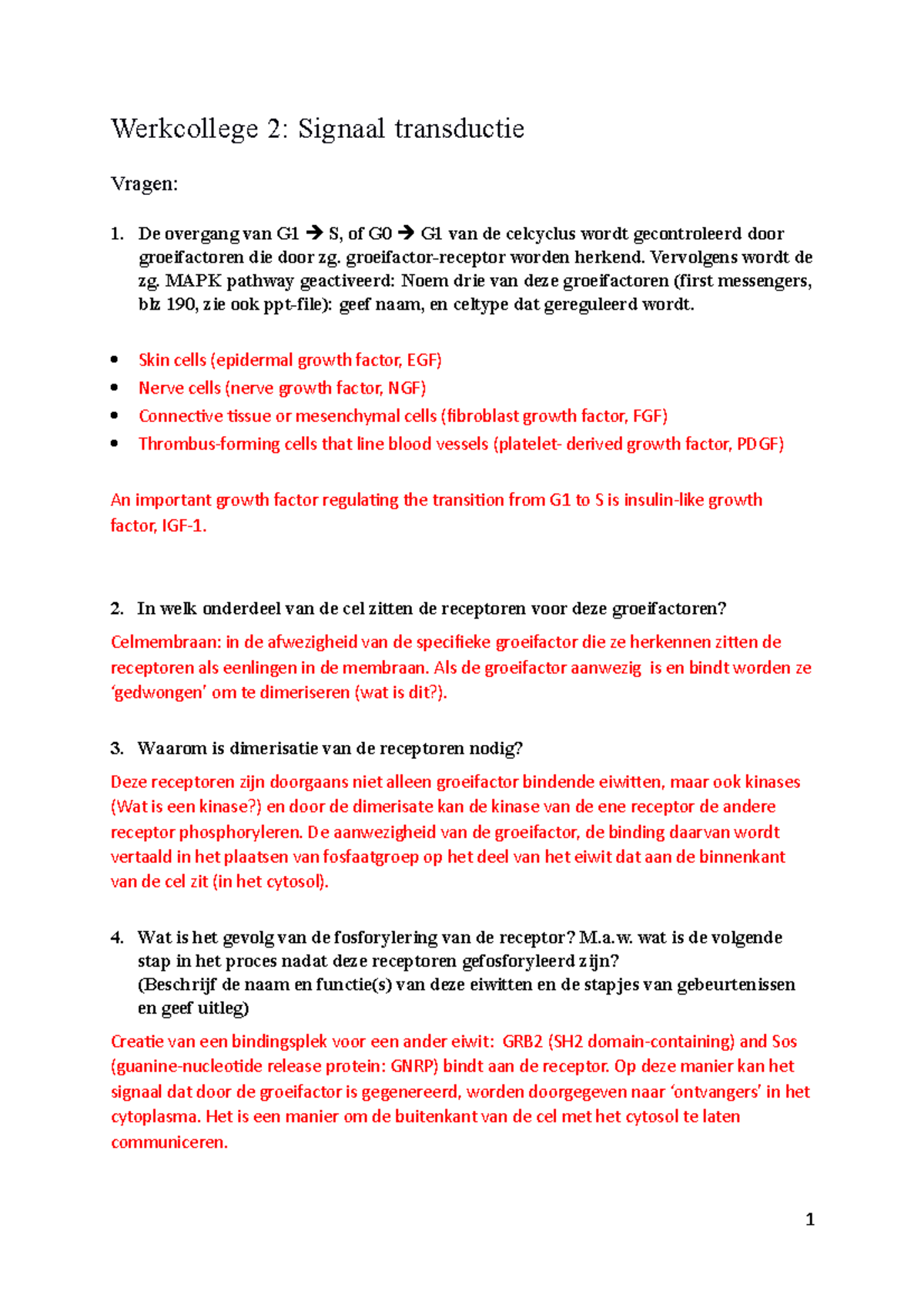 Werkcollege 2 - Signaaltransductie - Werkcollege 2: Signaal transductie ...