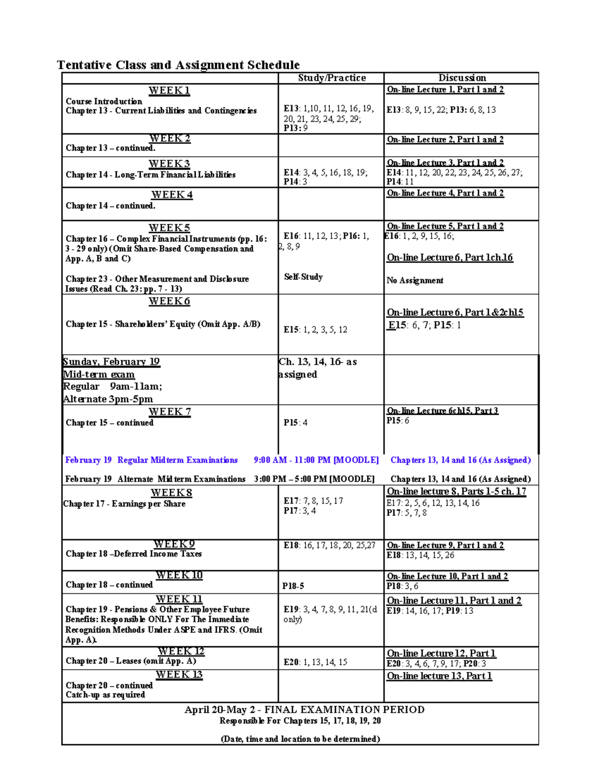 ACCO320 Outline - Tentative Class and Assignment Schedule Study ...