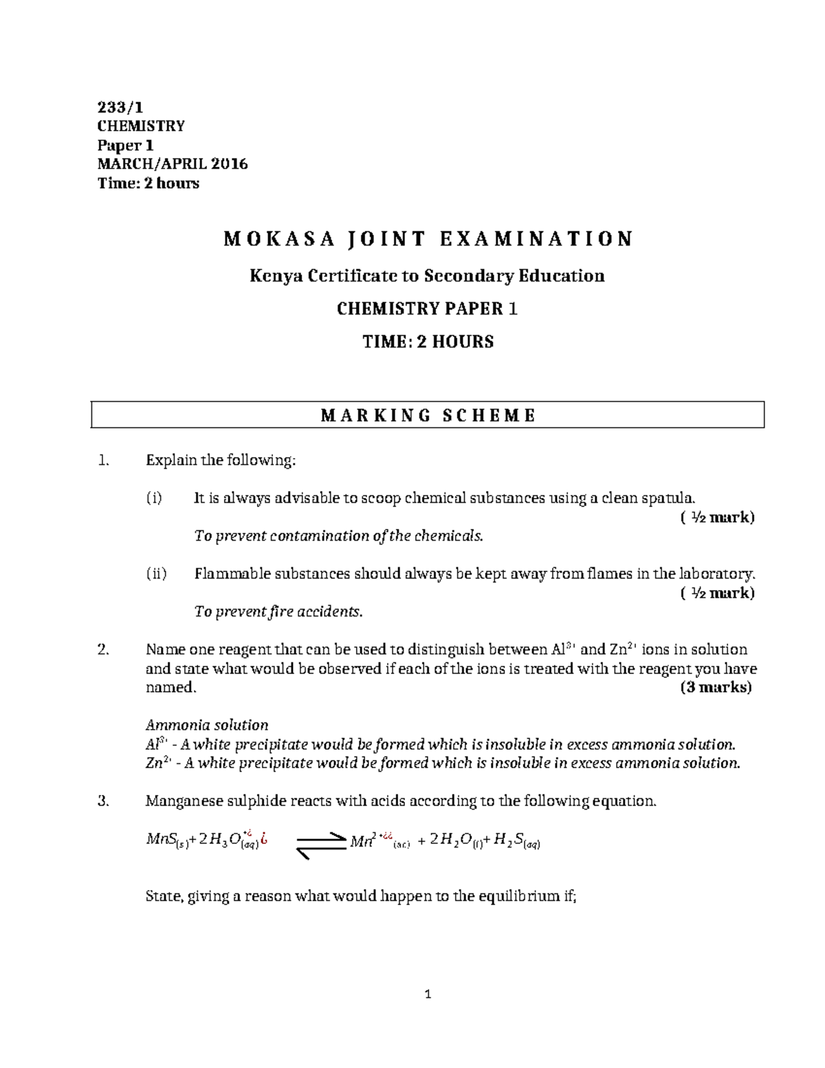 Chemistry paper 1 - 233/ CHEMISTRY Paper 1 MARCH/APRIL 2016 Time: 2 ...