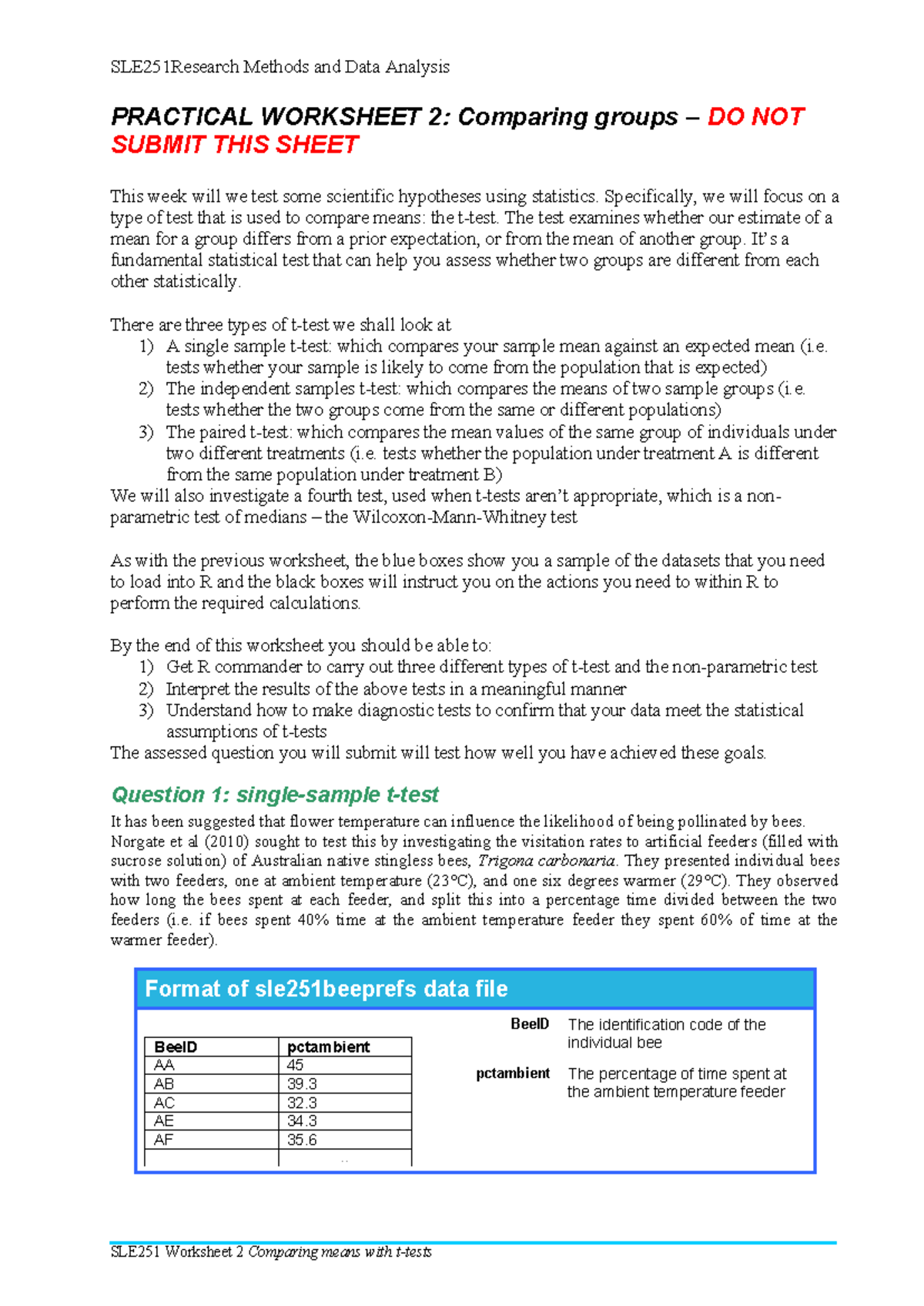 Sle251 Worksheet 2 - PRACTICAL WORKSHEET 2: Comparing groups – DO NOT ...
