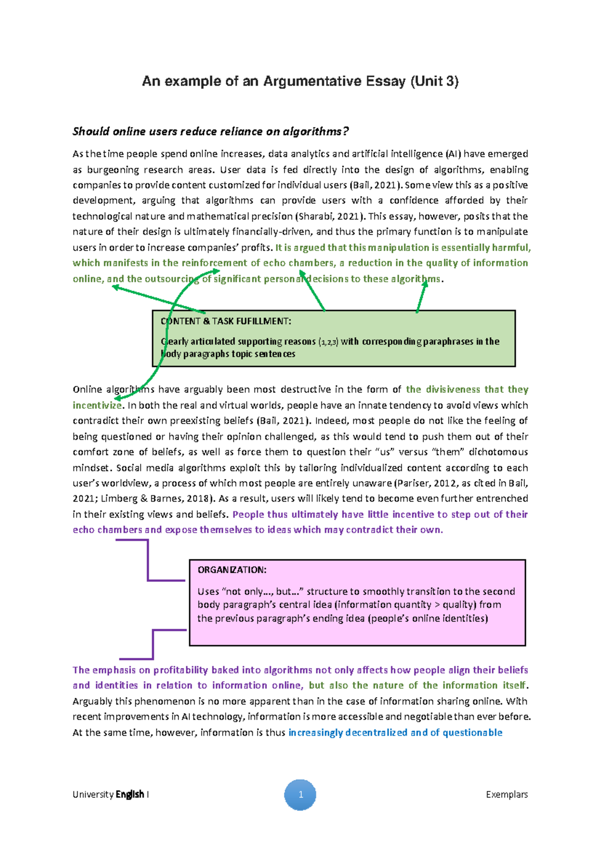 UCLC1008 UE1 (24-25) Annotated Exemplars of Argumentative Essay ...