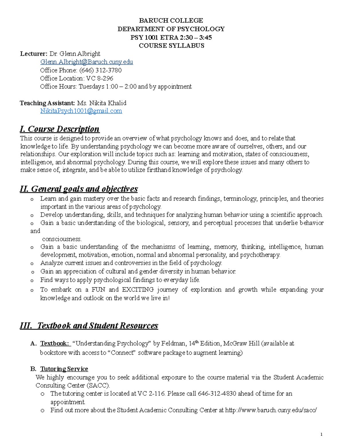 Syllabus PSY1001 ETRA Fall 2019 - BARUCH COLLEGE DEPARTMENT OF ...