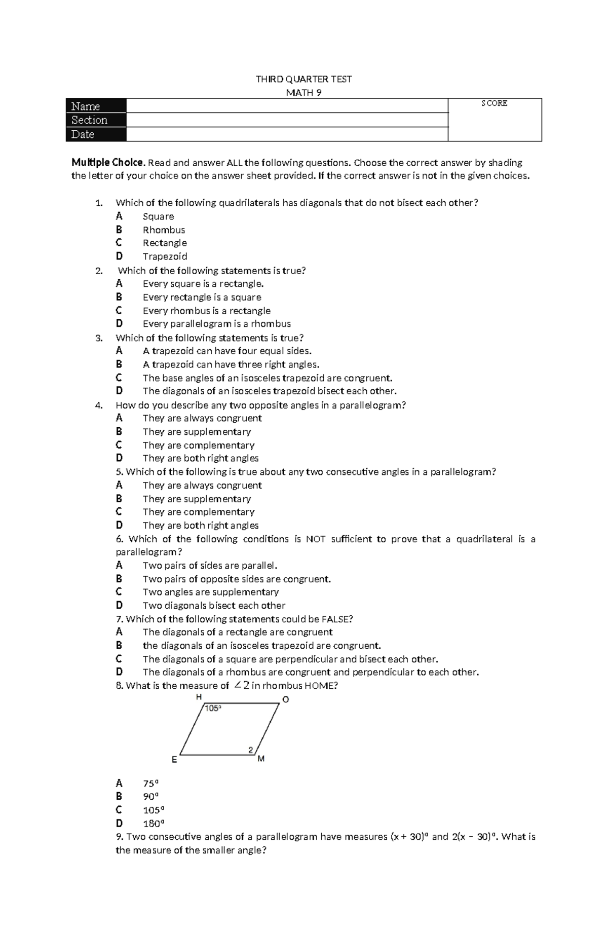 Practice TEST MATH 9P - THIRD QUARTER TEST MATH 9 Name SCORE Section ...