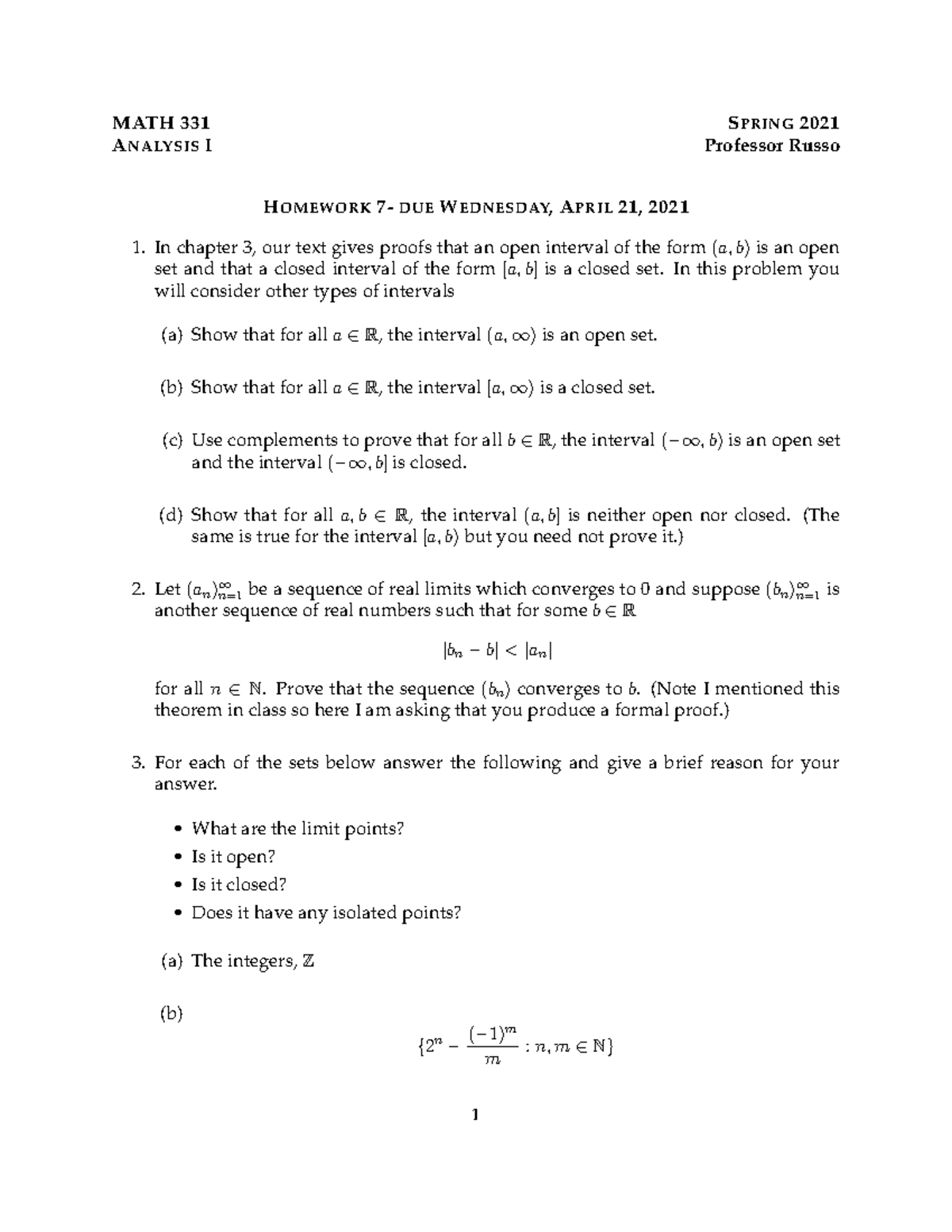 Math331Spring 2021Problem Set 6-2 - MATH 331ANALYSISI Professor ...