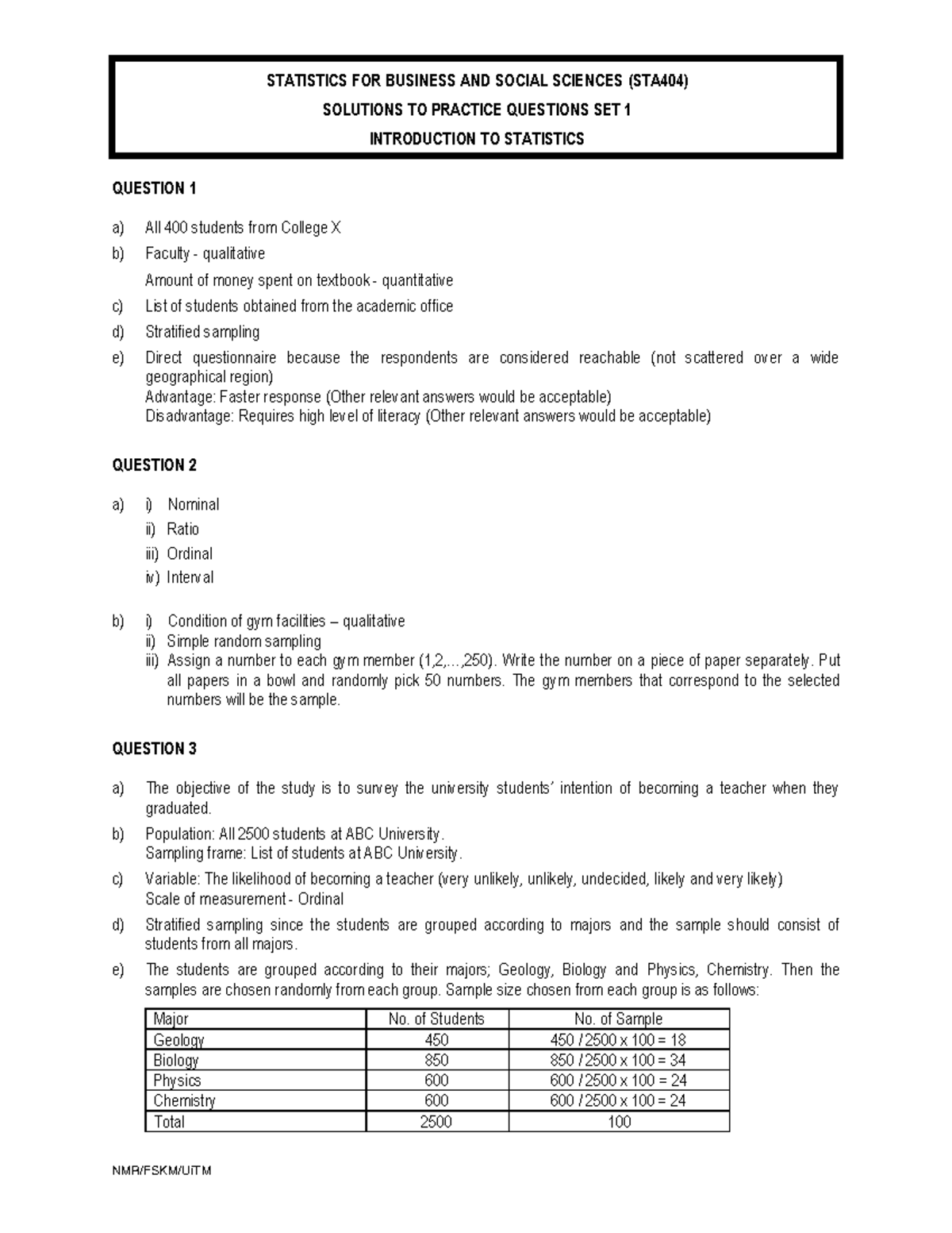 STA404 - Solutions TO Practice Questions SET 1 - NMR/FSKM/UiTM STATISTICS FOR BUSINESS AND ...