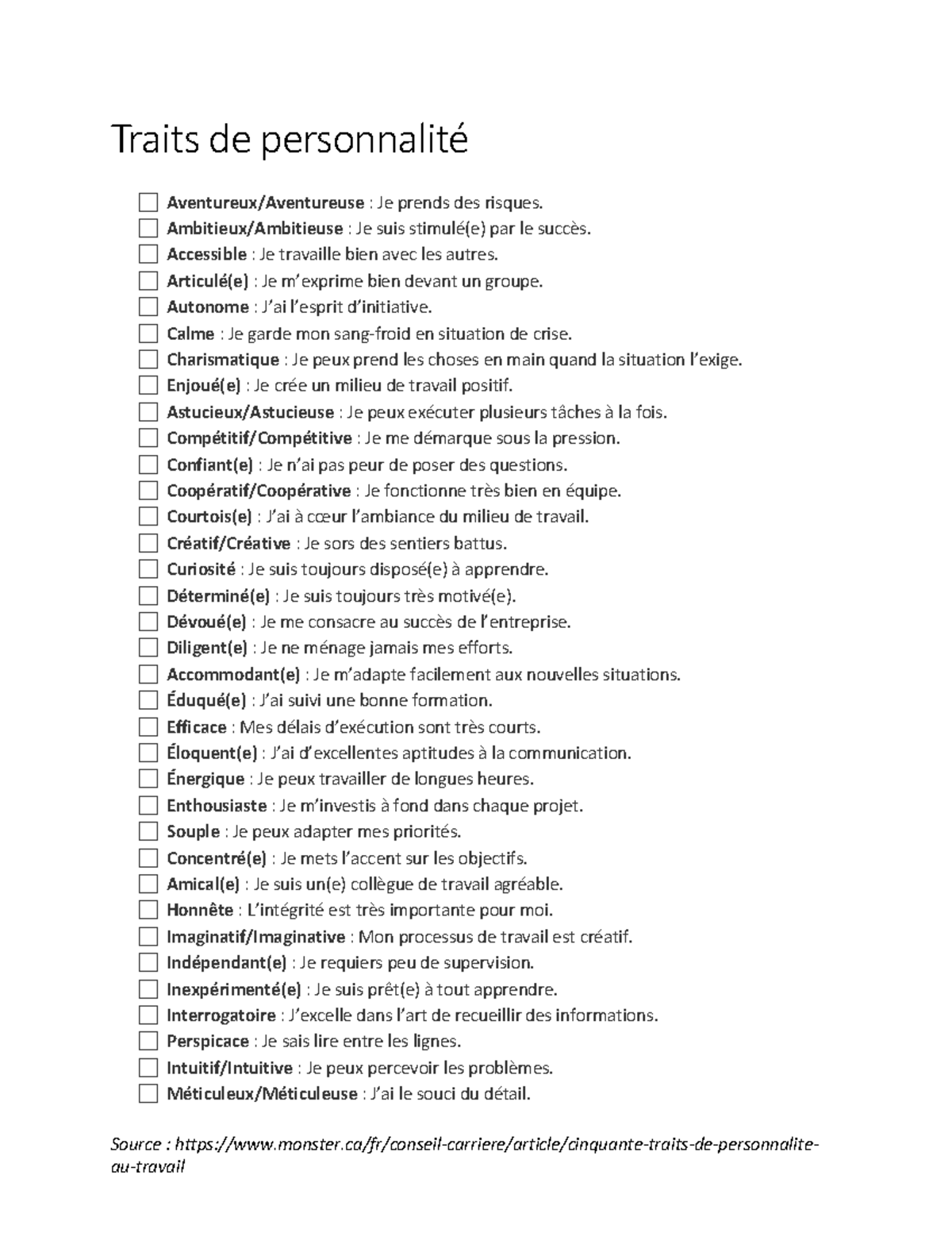 Traits de personnalité - Source : - Studocu