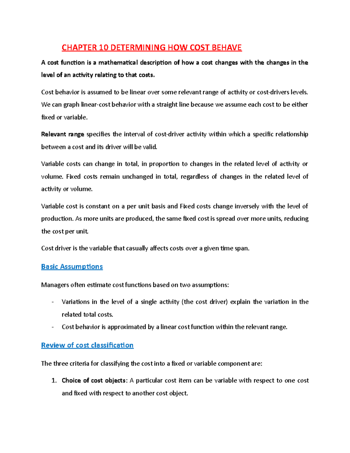 WEEK 3 - Lecture notes 3 - CHAPTER 10 DETERMINING HOW COST BEHAVE A ...