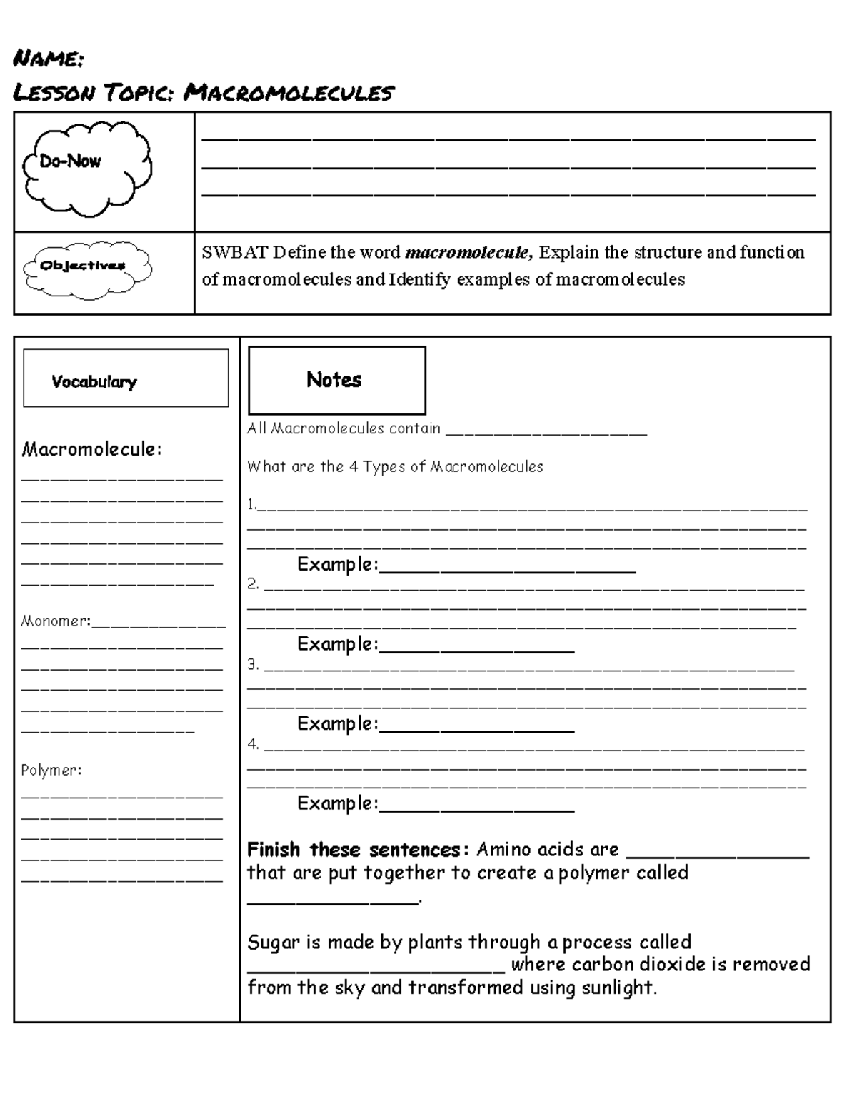 Macromolecule class notes - Google Docs - Name: Lesson Topic ...