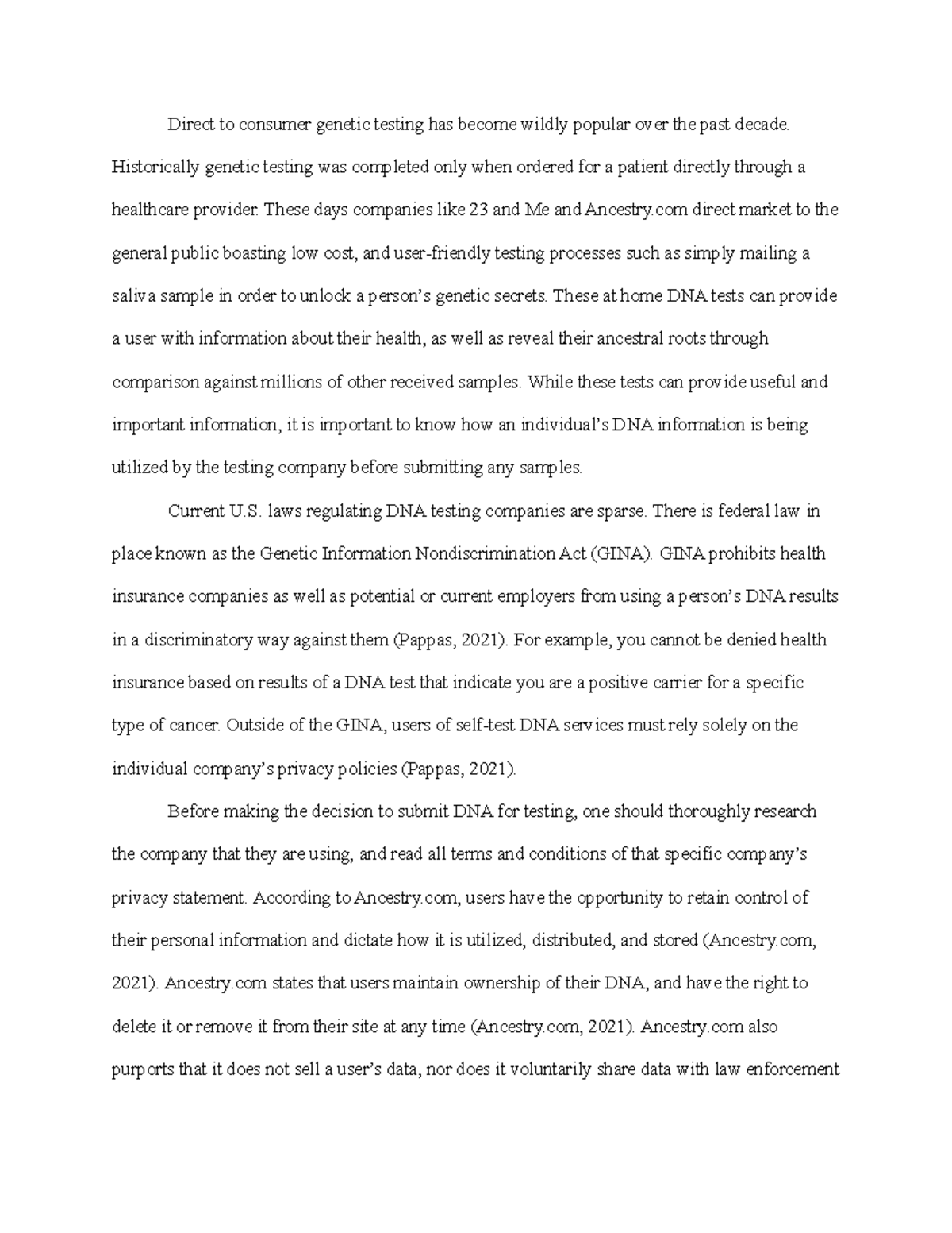 6-1 Discussion- Bioethics DNA testing - Direct to consumer genetic ...