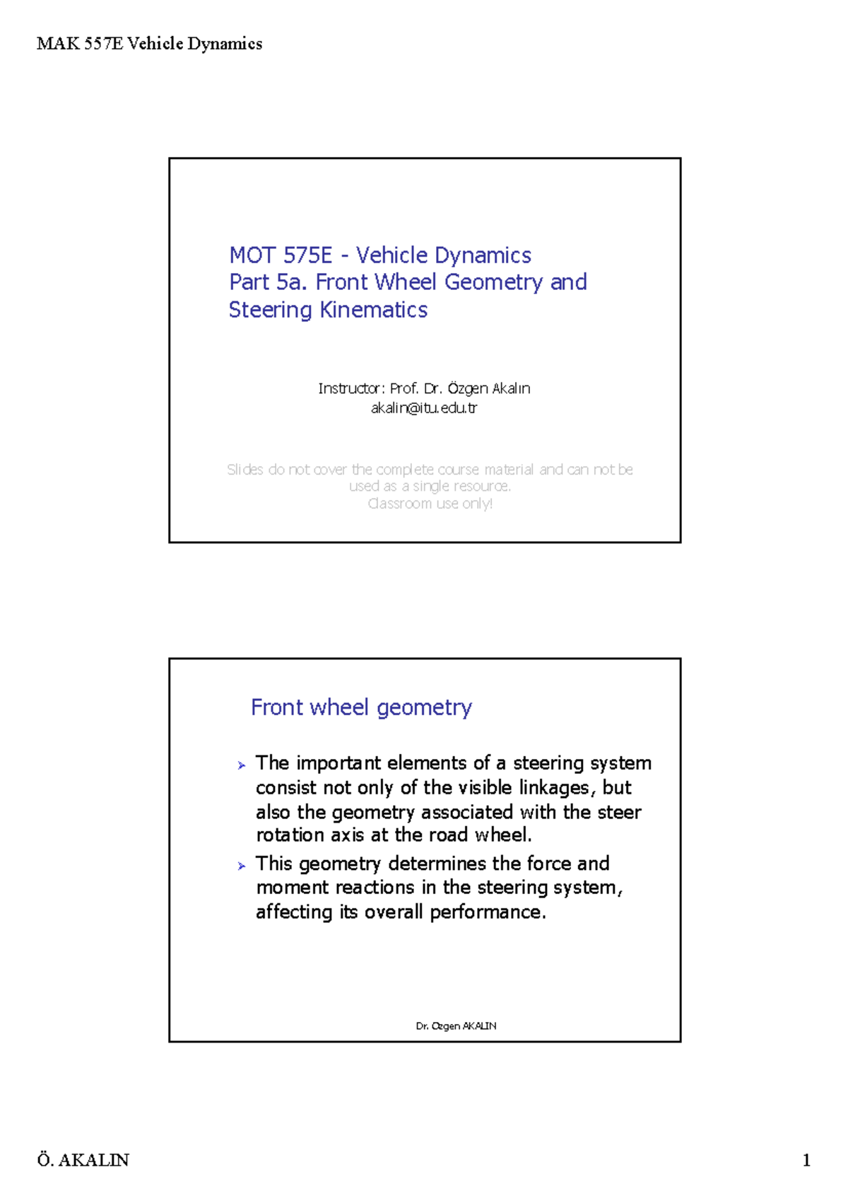 VD 5a FW Geometry Steering Kinematics - MOT 575E - Vehicle Dynamics ...