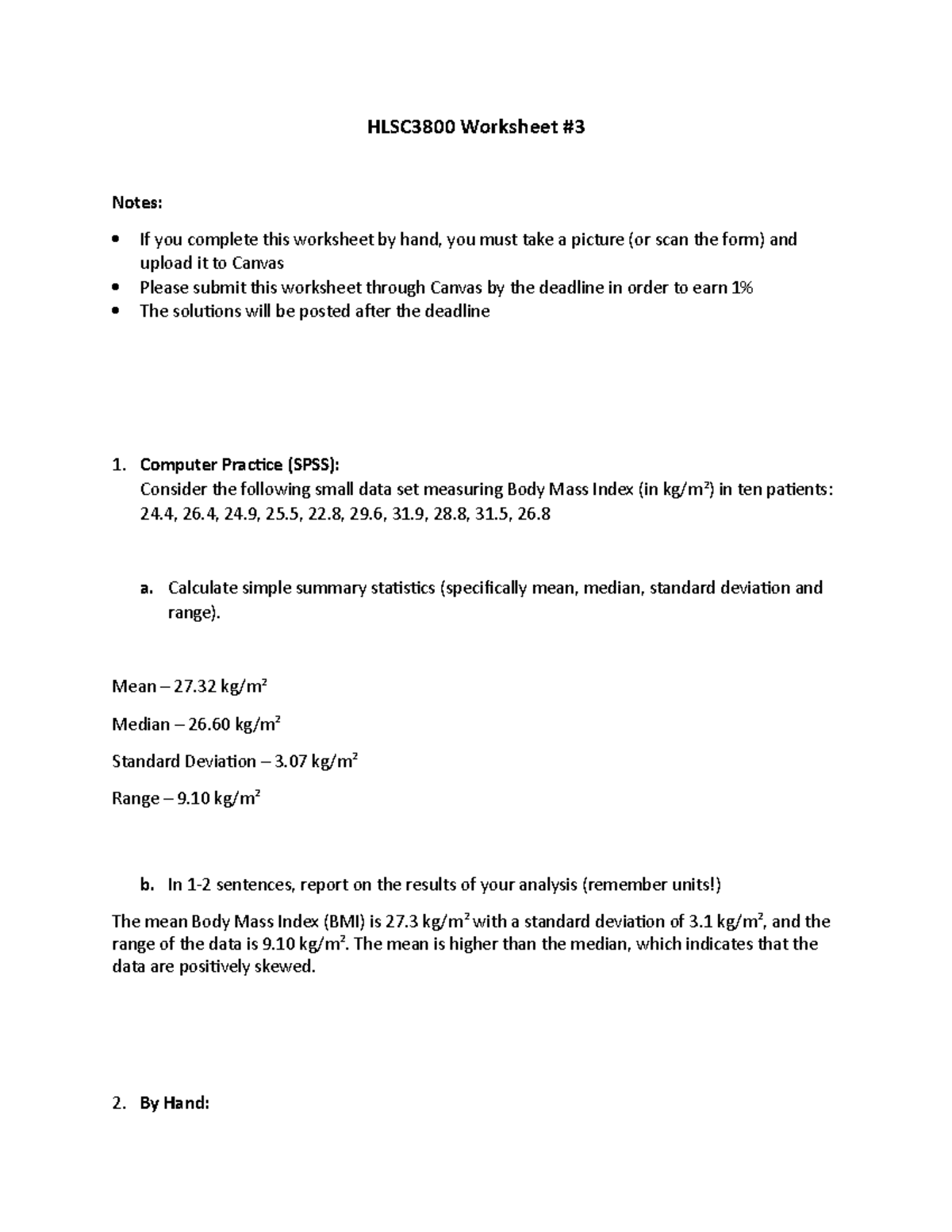 Worksheet 3 - Week 3 Standard Deviation - HLSC3800 Worksheet Notes: If ...