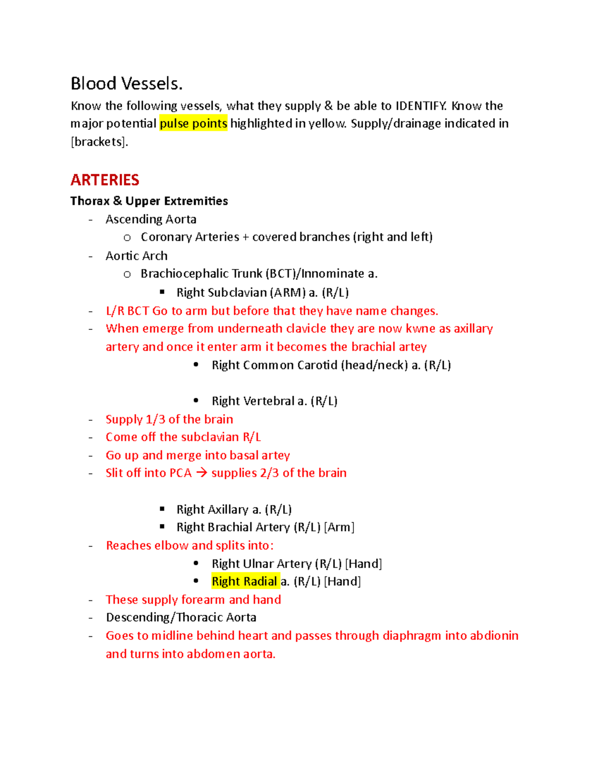Blood Vessel Lecture Accompaniment - Blood Vessels. Know the following ...
