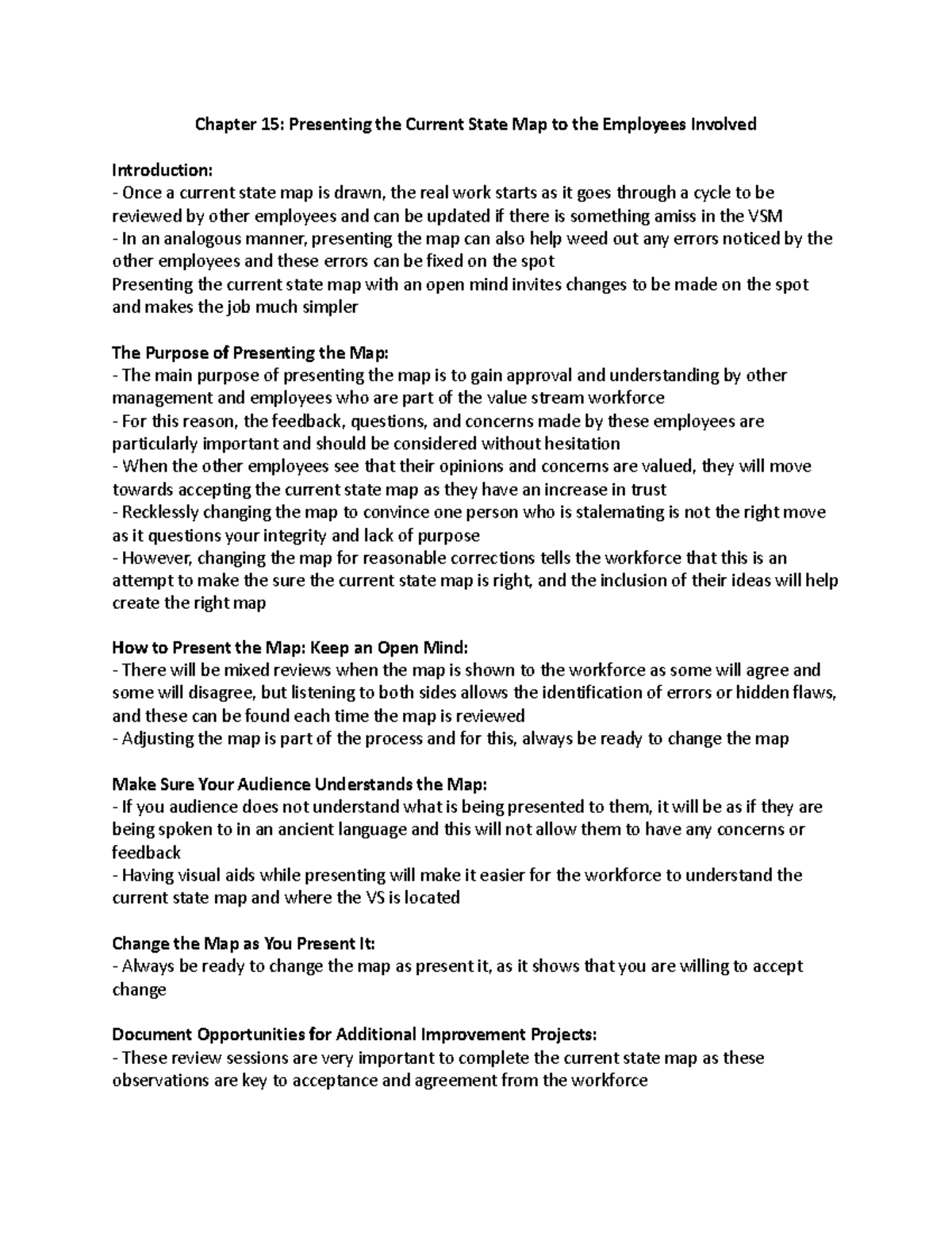 Assignment #6 Chapter 15 Summary - Chapter 15: Presenting the Current State Map to the Employees ...