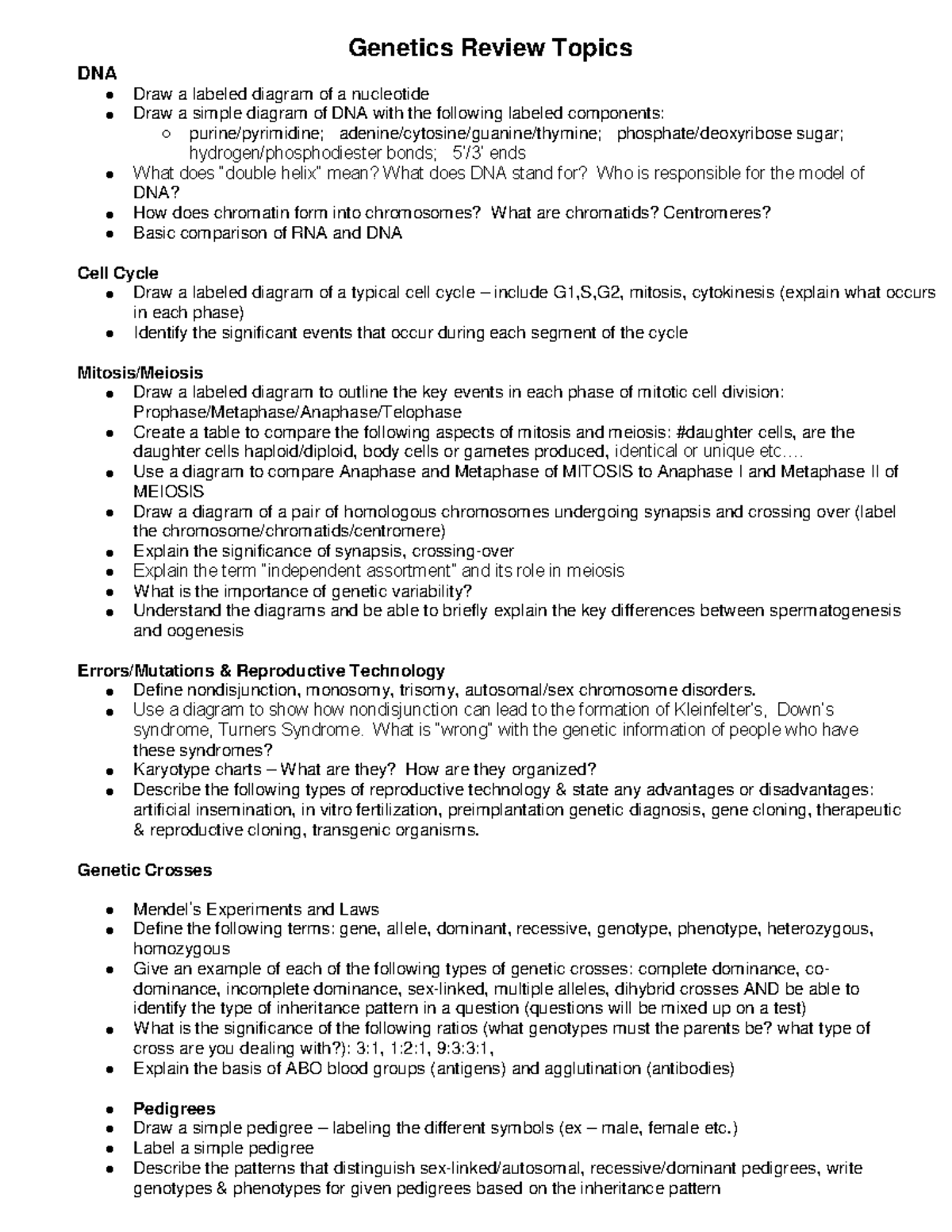 Review Topics - Genetics - Genetics Review Topics DNA Draw a labeled ...