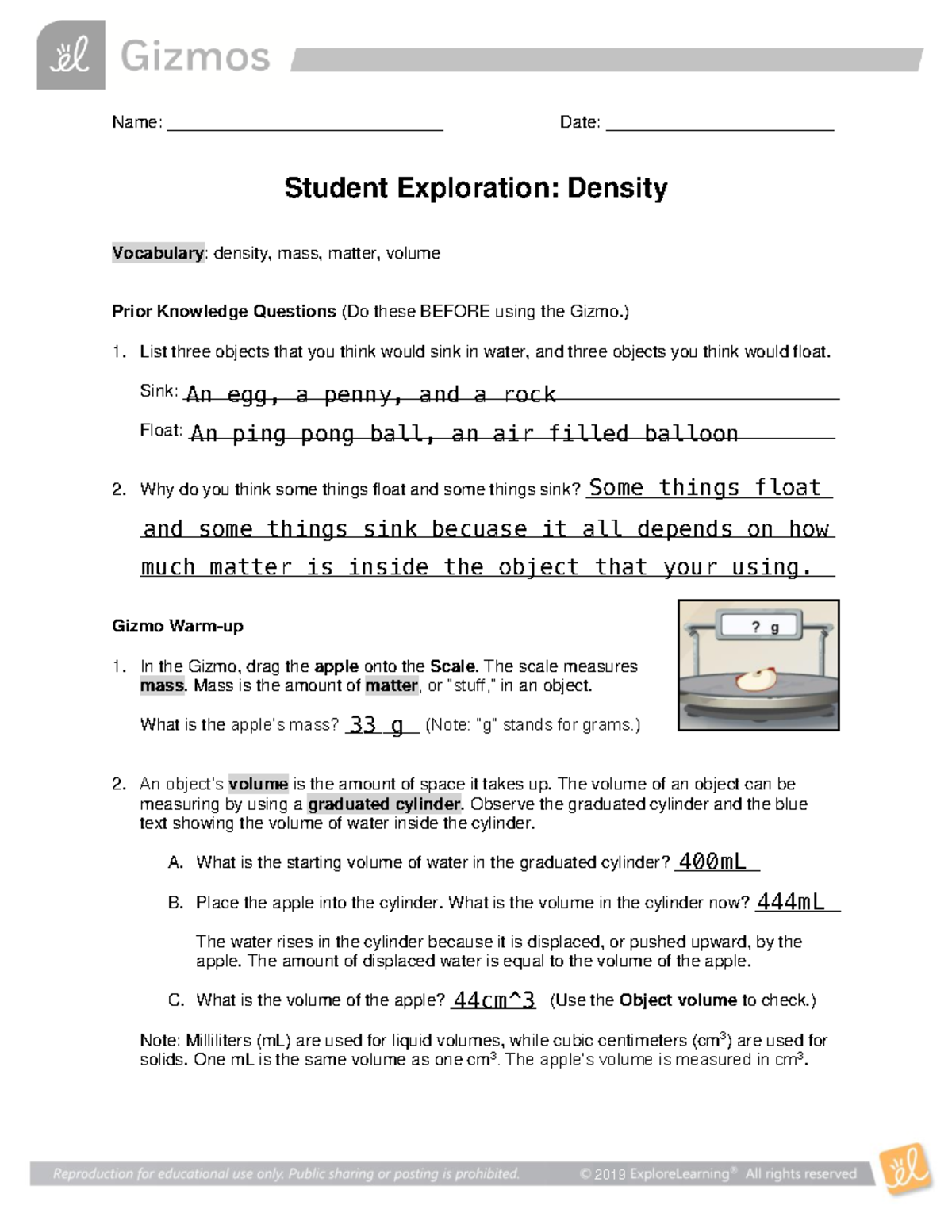 Density Student exploration - Name: _____________________________ Date ...