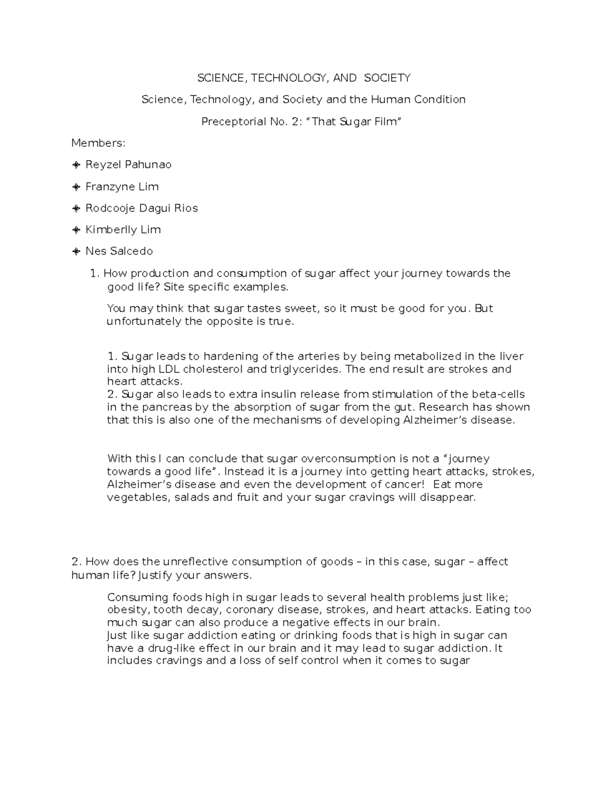 Performance 3- That Sugar Film preceptorial questions - SCIENCE ...