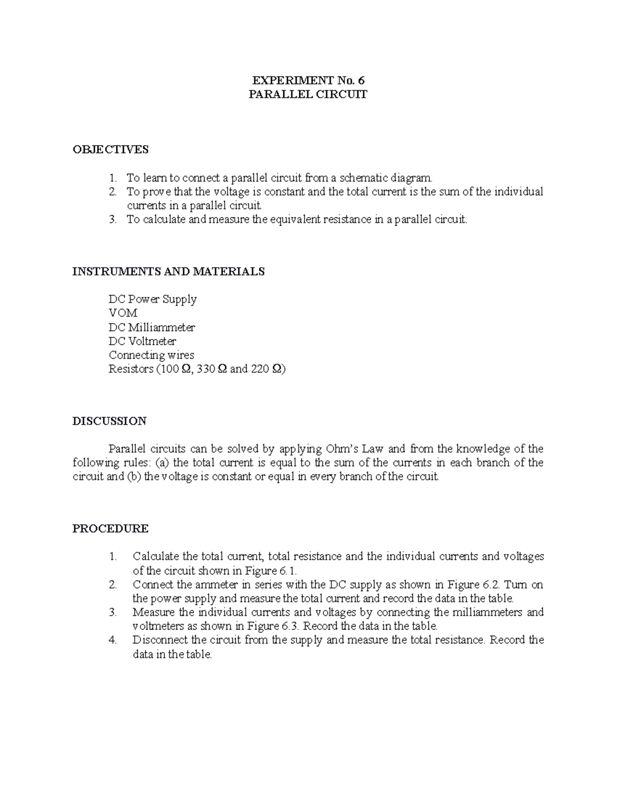 Experiment-no 6 - EXPERIMENT No. 6 PARALLEL CIRCUIT OBJECTIVES To learn ...