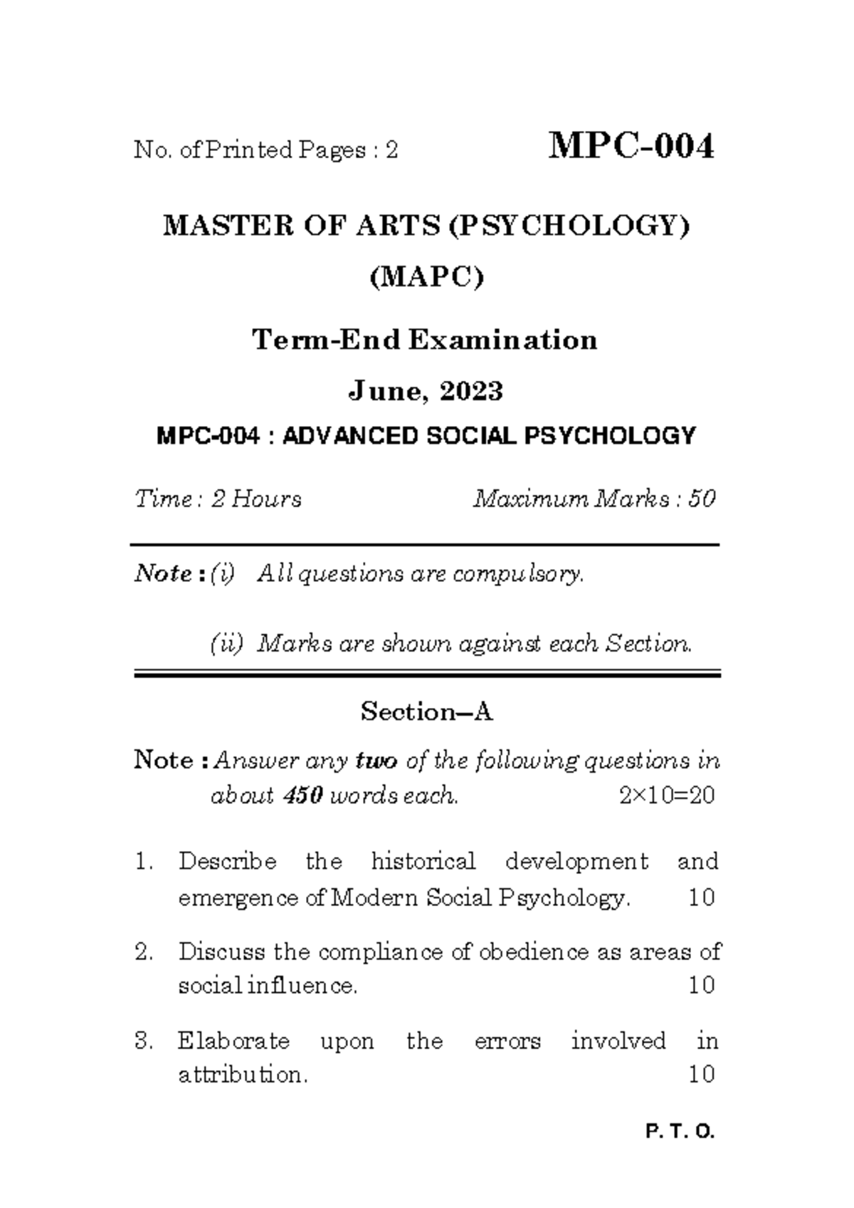 MPC-004 2023 - assignments - P. T. O. No. of Printed Pages : 2 MPC- MASTER OF ARTS (PSYCHOLOGY ...