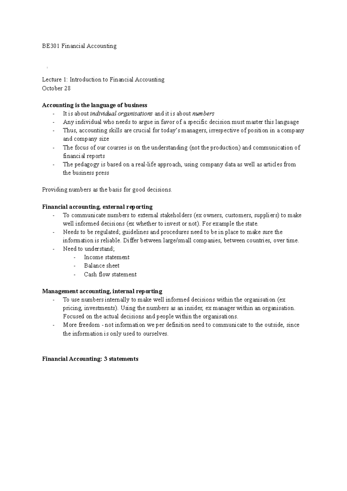 Lecture notes Accounting - BE301 Financial Accounting Lecture 1 ...