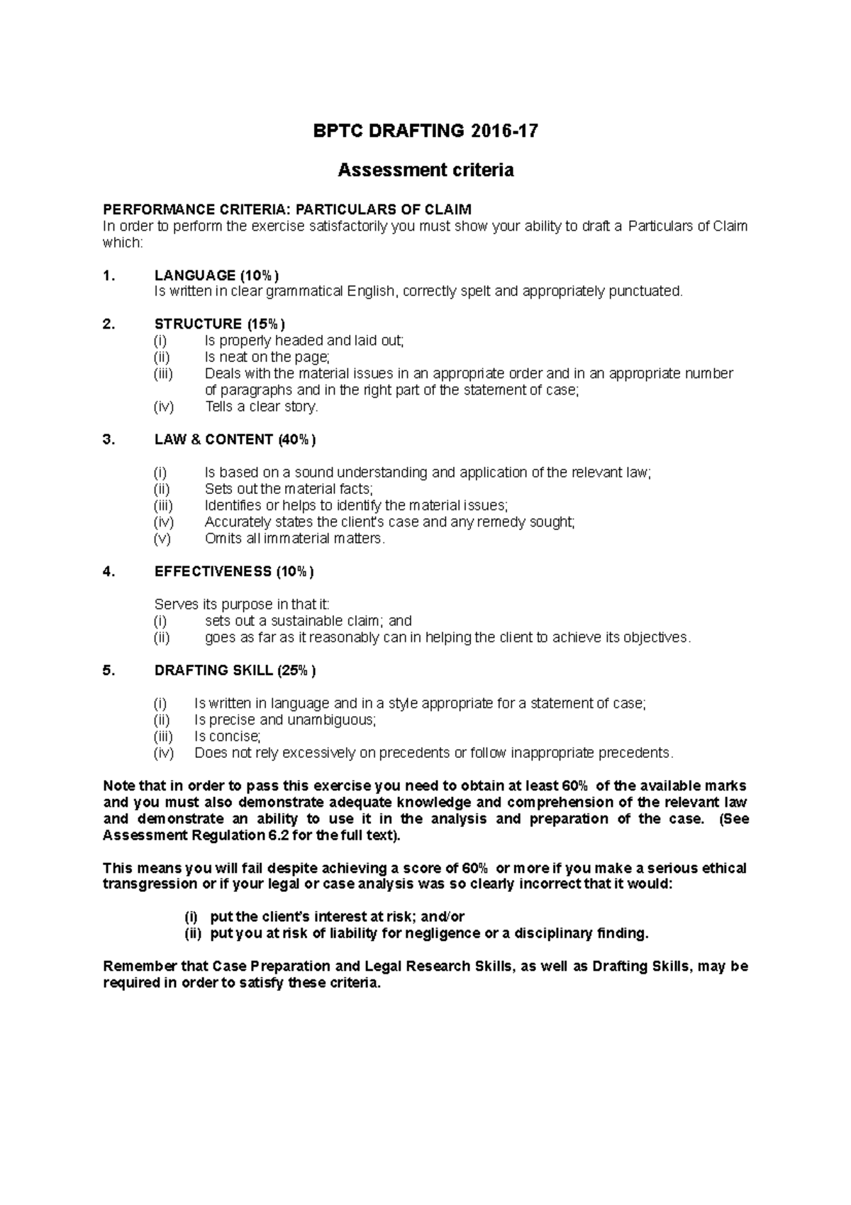 BPTC Drafting Assessment Criteria - BPTC DRAFTING 2016- Assessment ...