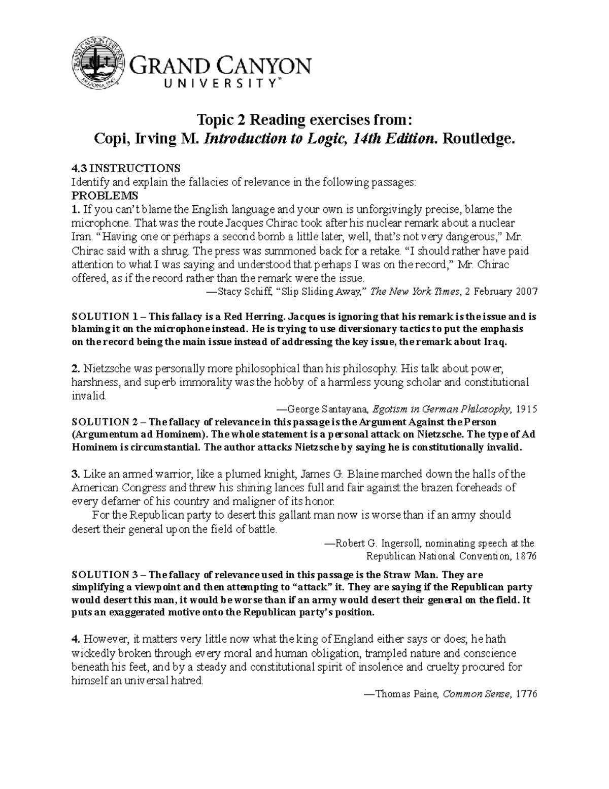 COM-362 T2 reading exercises - Topic 2 Reading exercises from: Copi, Irving M. Introduction to ...