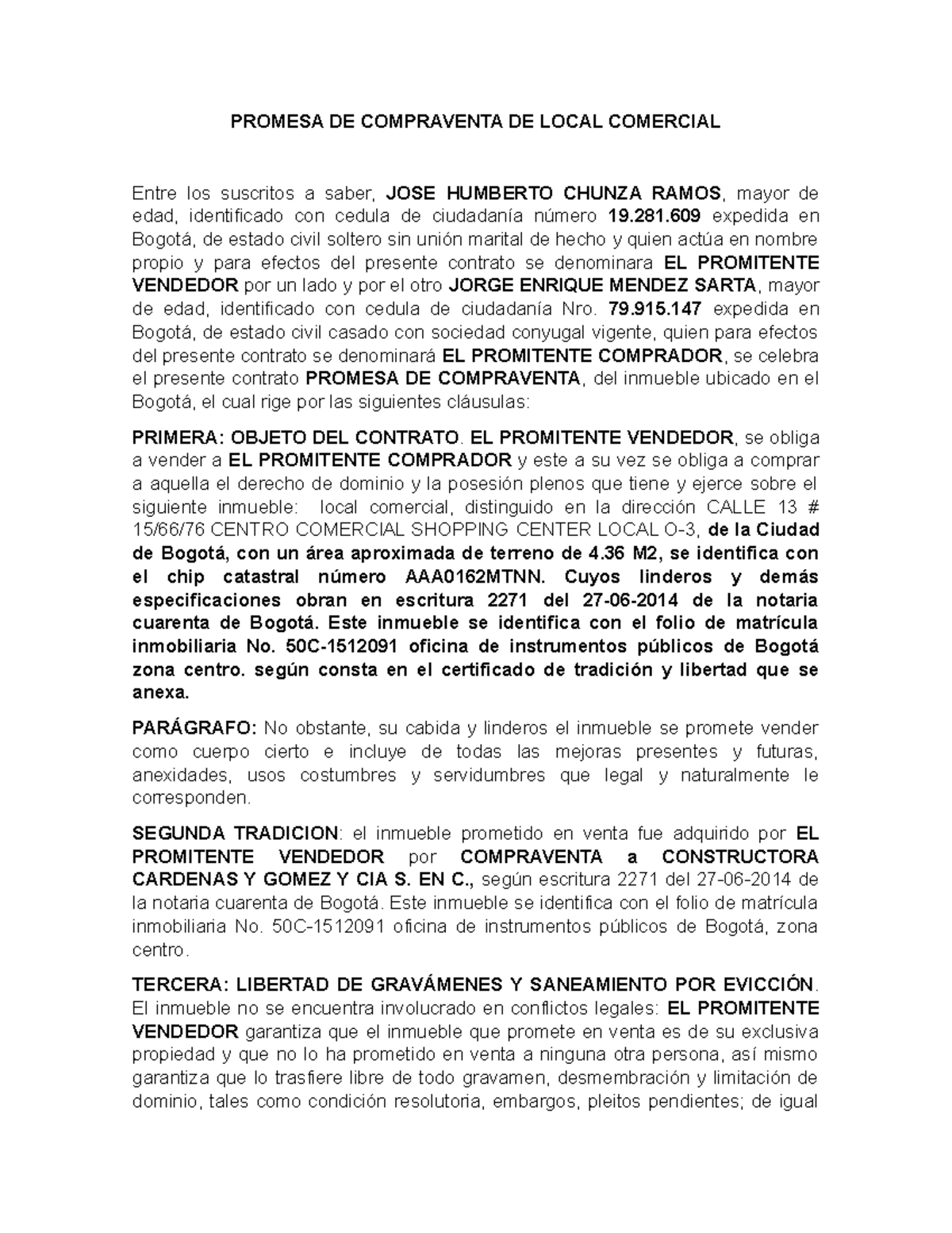 Promesa DE Compraventa DE Local Comercial 50C-1512091 - PROMESA DE ...