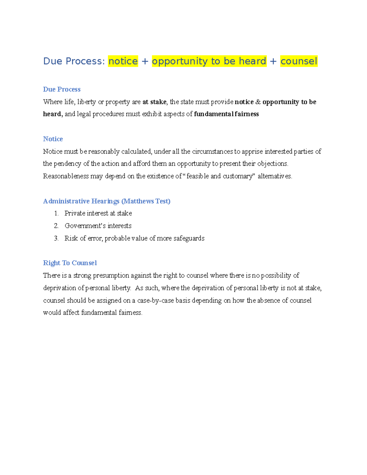 Civi Pro Outline [Adediran] - Due Process: notice + opportunity to be ...