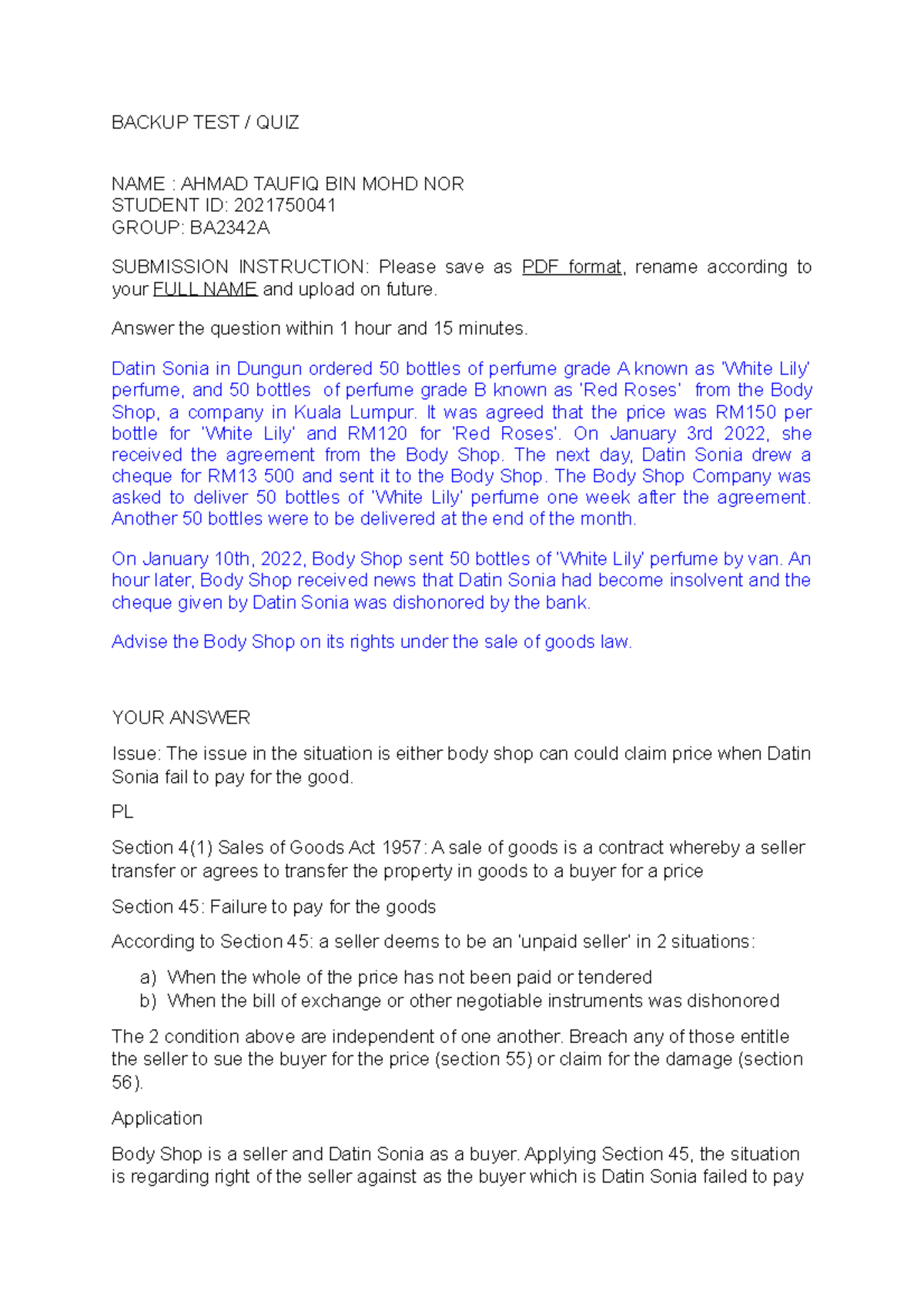 Taufqi Backup Assessment LAW416 January 2022 - BACKUP TEST / QUIZ NAME ...