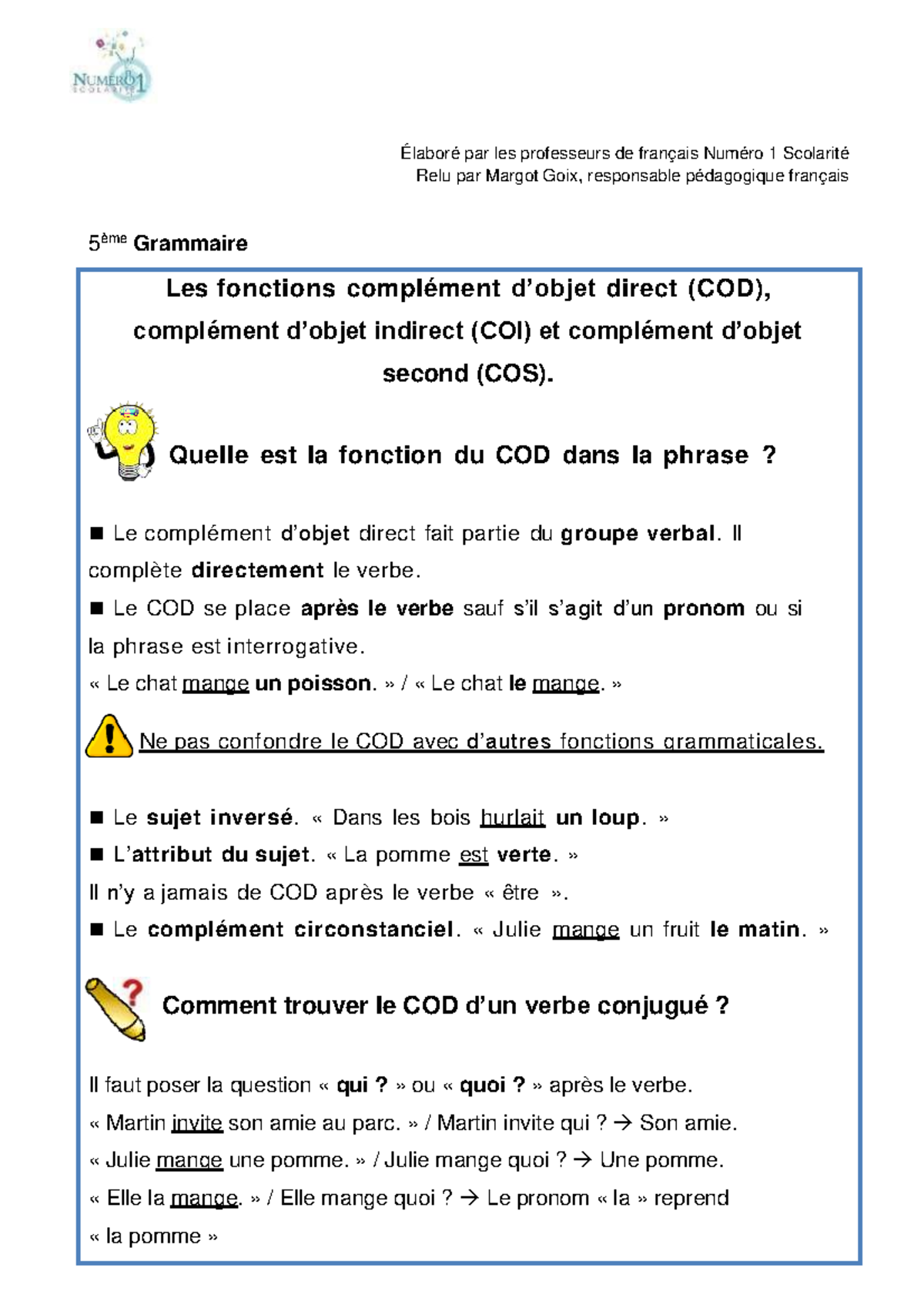 La fonction COD COI COS - ####### Élaboré par les professeurs de ...