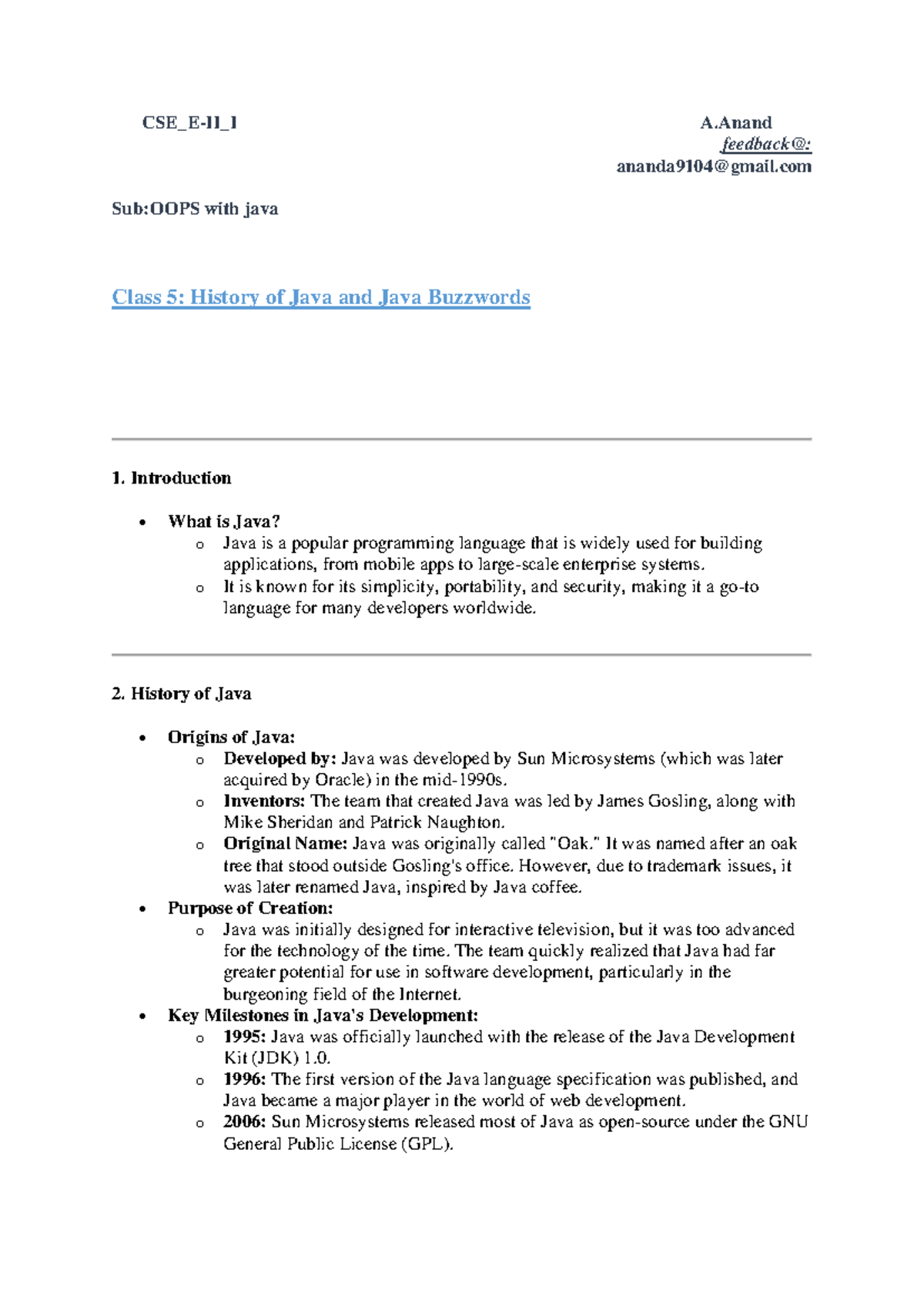 Class 5 CSE-E II-1 - CSE_E-II_I A feedback@: ananda9104@gmail Sub:OOPS with java Class 5 ...