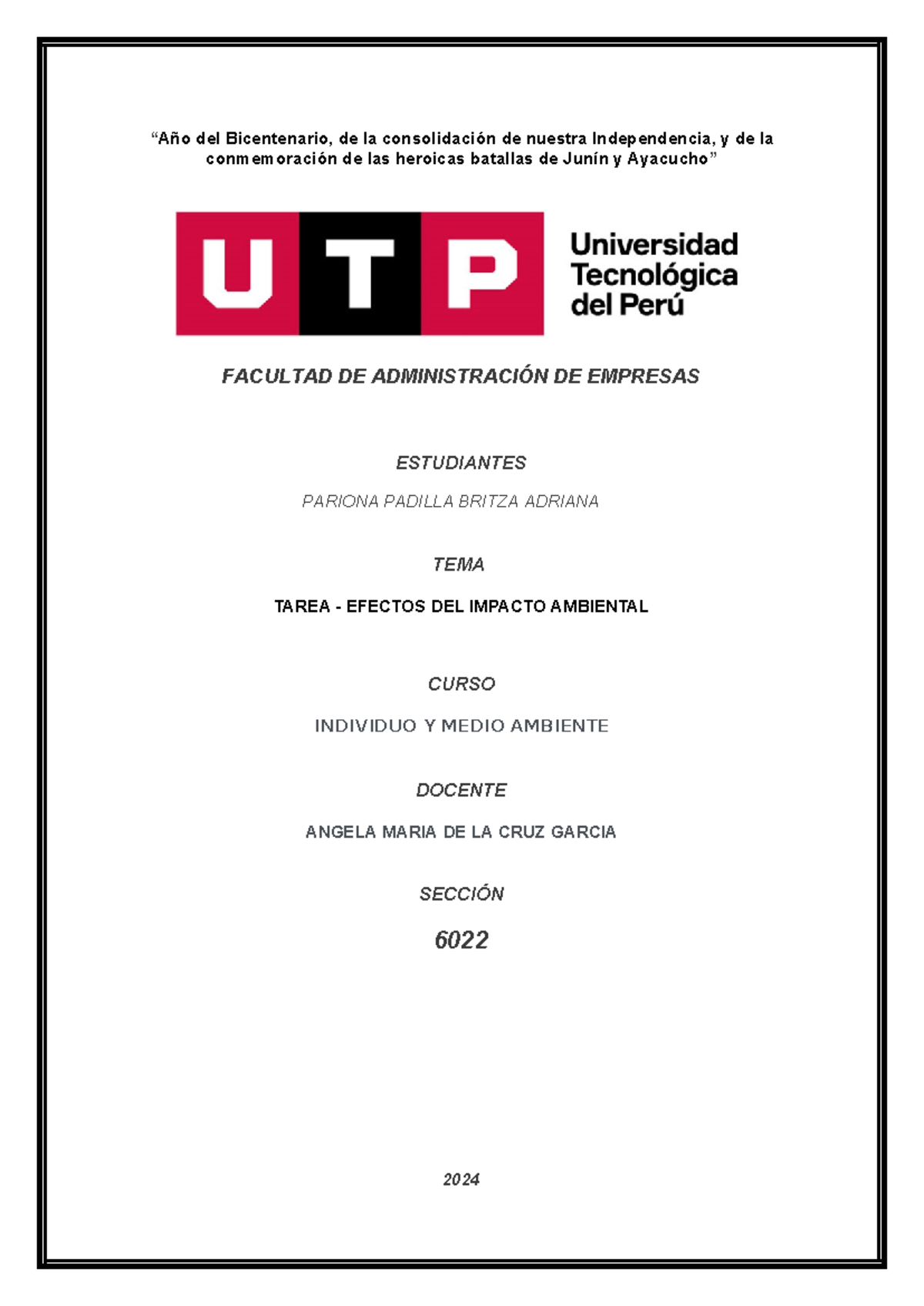 Individuo Y Ambiente TEMA 1 Britza - “Año del Bicentenario, de la ...