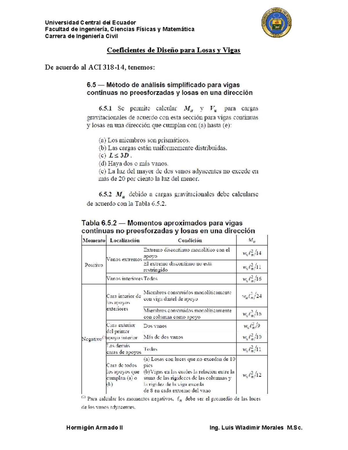 Coeficientes para el cálculo de Mu y Vu para losas y vigas-ACI 318-14 ...
