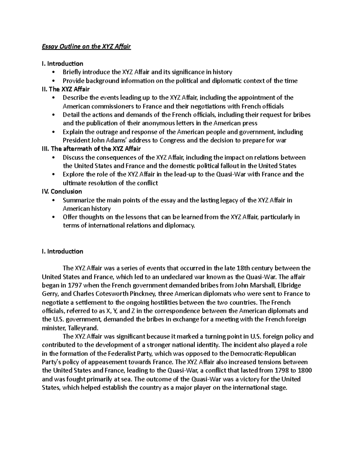 Essay Outline On The XYZ Affair Introduction Briefly Introduce The