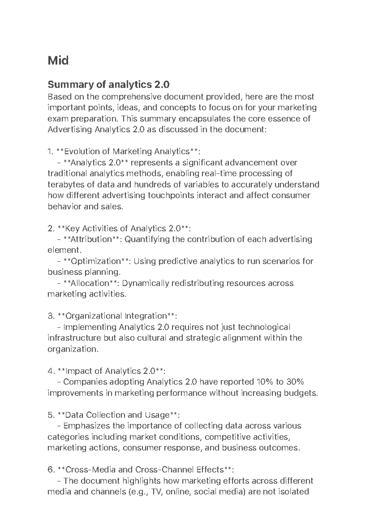 Mid-term preparation - Mid Summary of analytics 2. Based on the ...