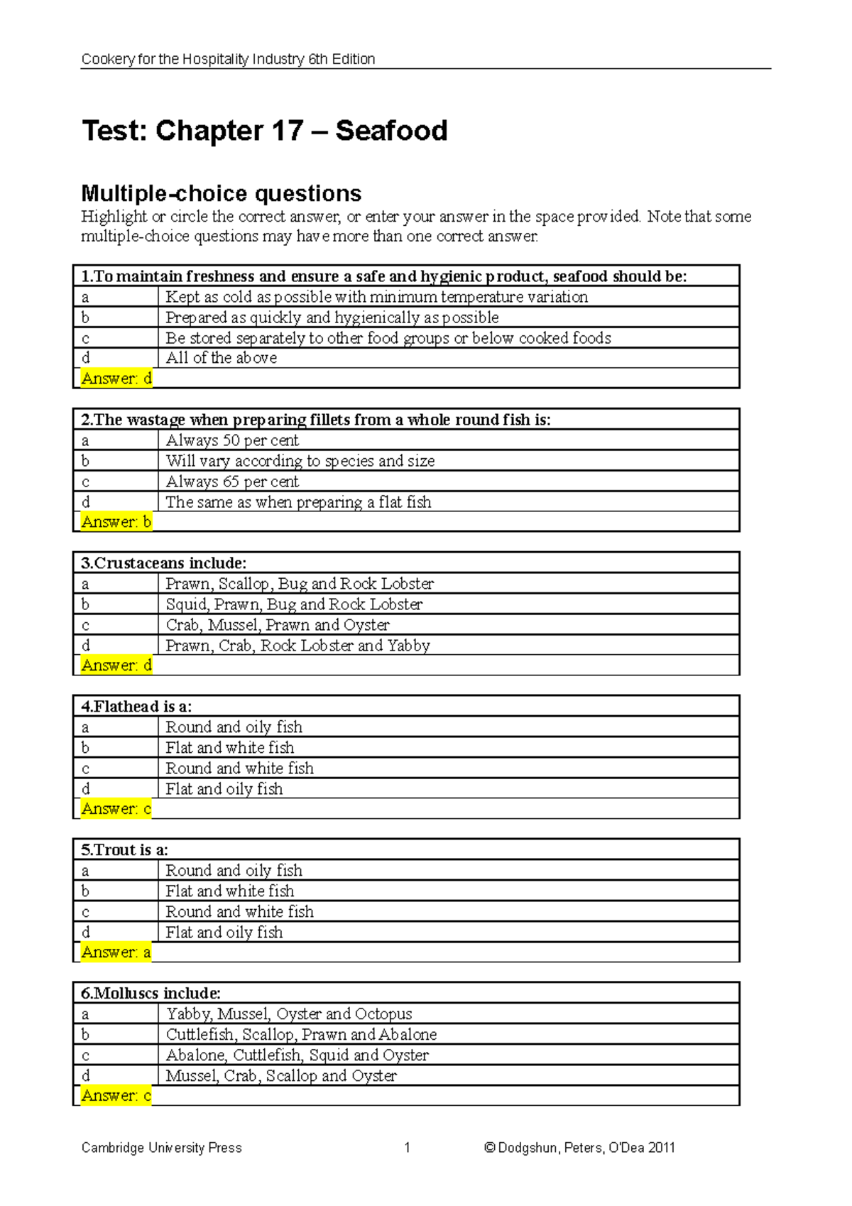 Test ans Seafood Cookery 10 - Test: Chapter 17 – Seafood Multiple ...