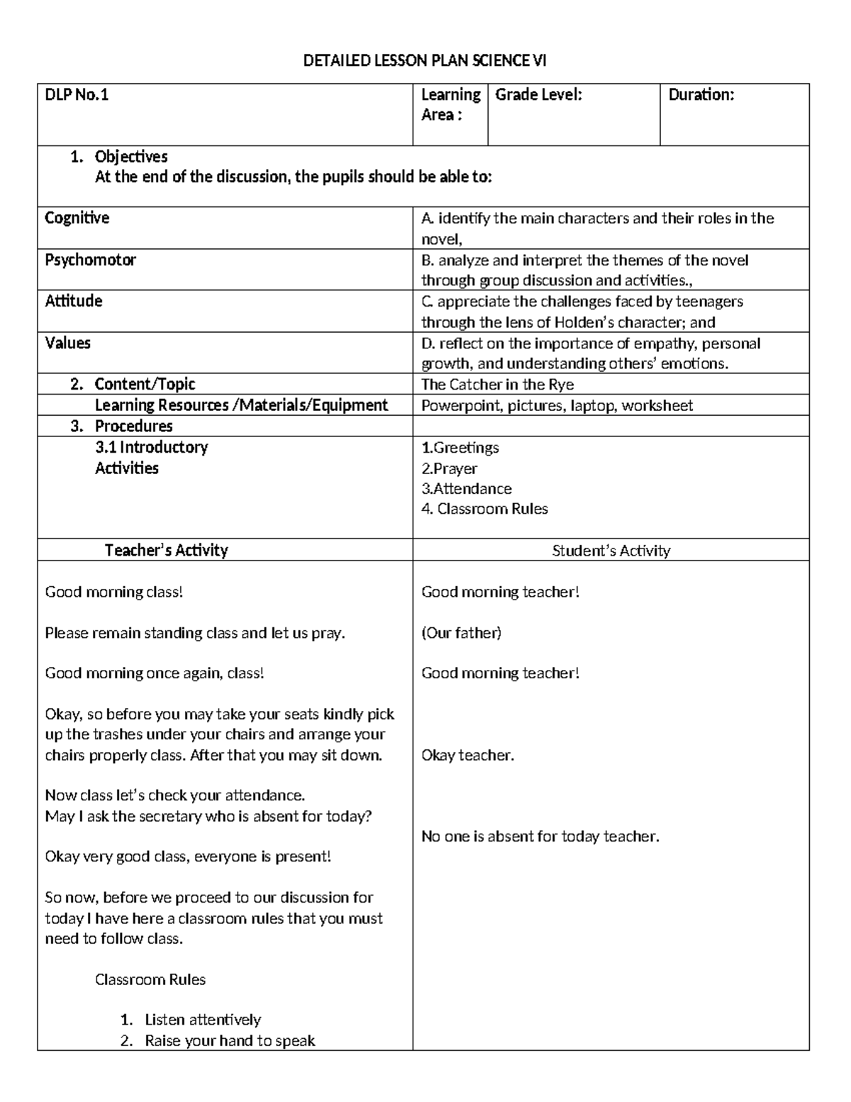 Tcitr LP - the catcher in the rye - DETAILED LESSON PLAN SCIENCE VI DLP ...