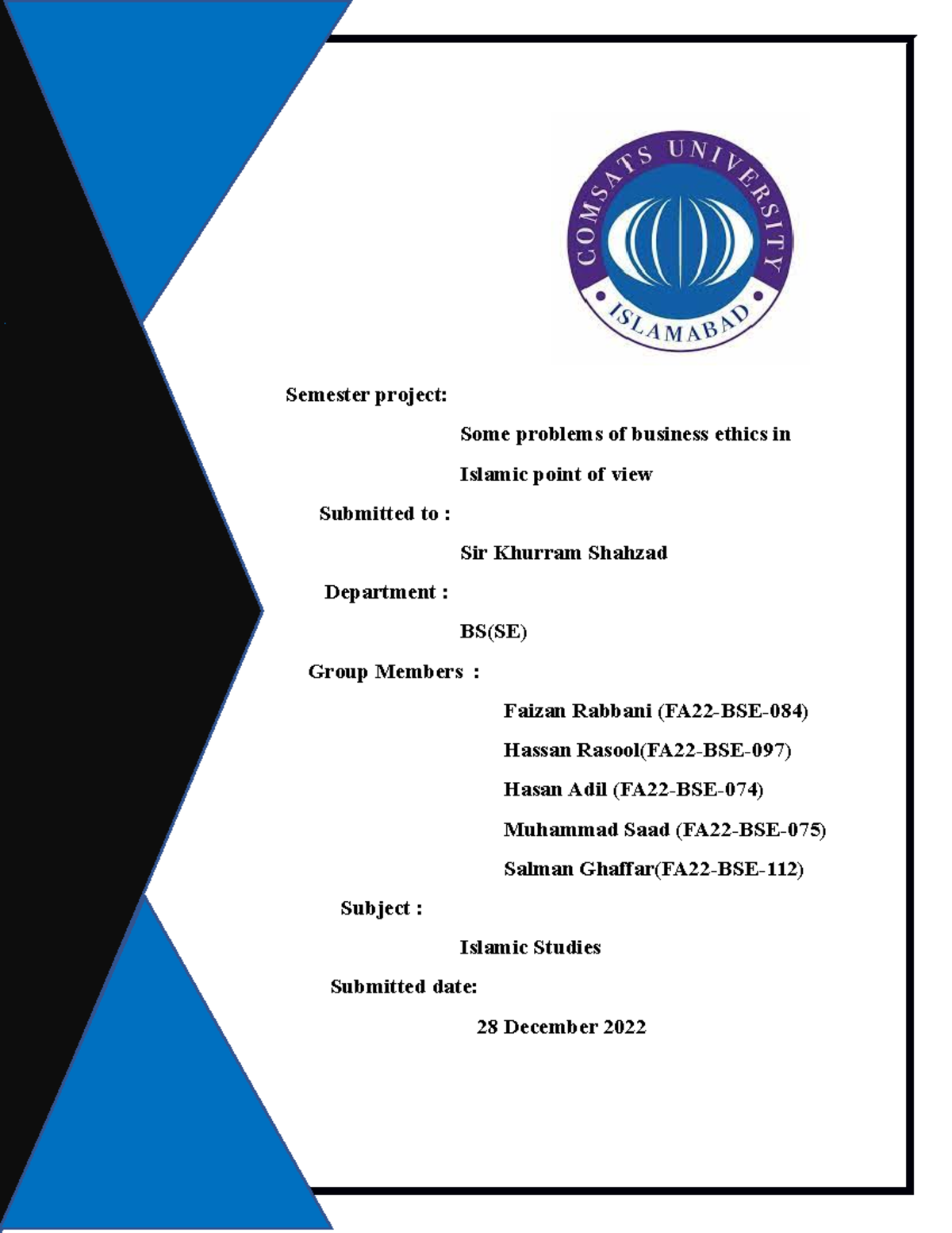 Islamiyat project - Semester project: Some problems of business ethics ...