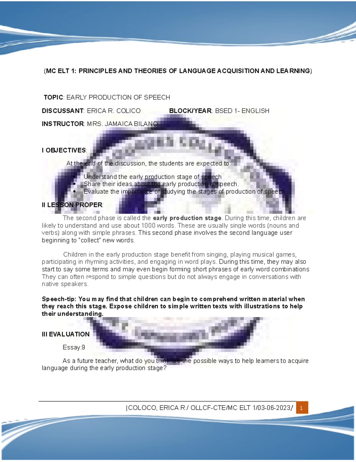 MC ELT 1 Early Production Stage - (MC ELT 1: PRINCIPLES AND THEORIES OF ...